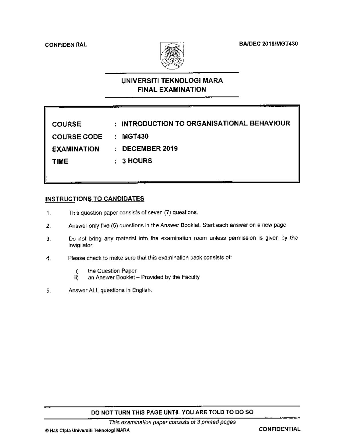 MGT430 DEC 19 - ALL THE BEST! - CONFIDENTIAL BA/DEC 2019/MGT UNIVERSITI TEKNOLOGI MARA FINAL ...