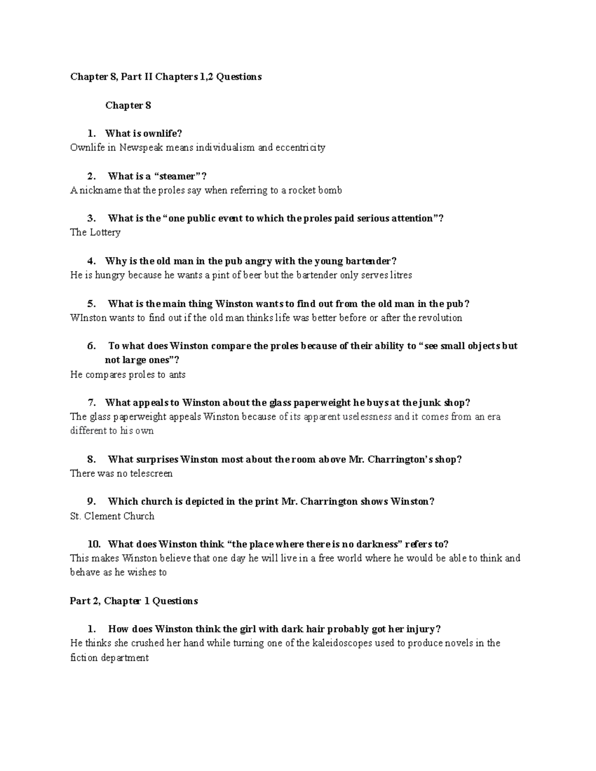 1984 Chapter 8, Part II Chapters 1,2 Questions - Chapter 8, Part II ...