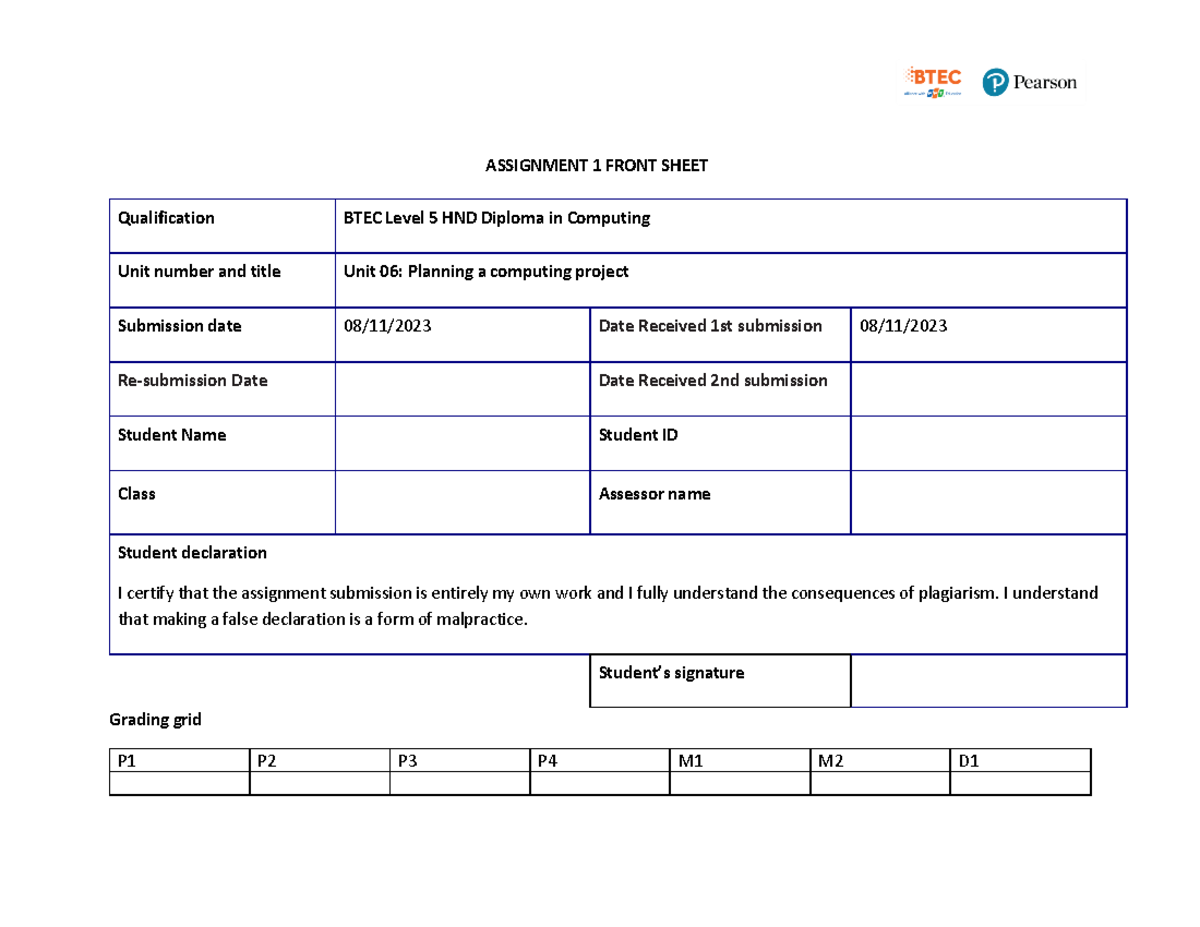 Planning A Computing Project As1 Assignment 1 Front Sheet Qualification Btec Level 5 Hnd