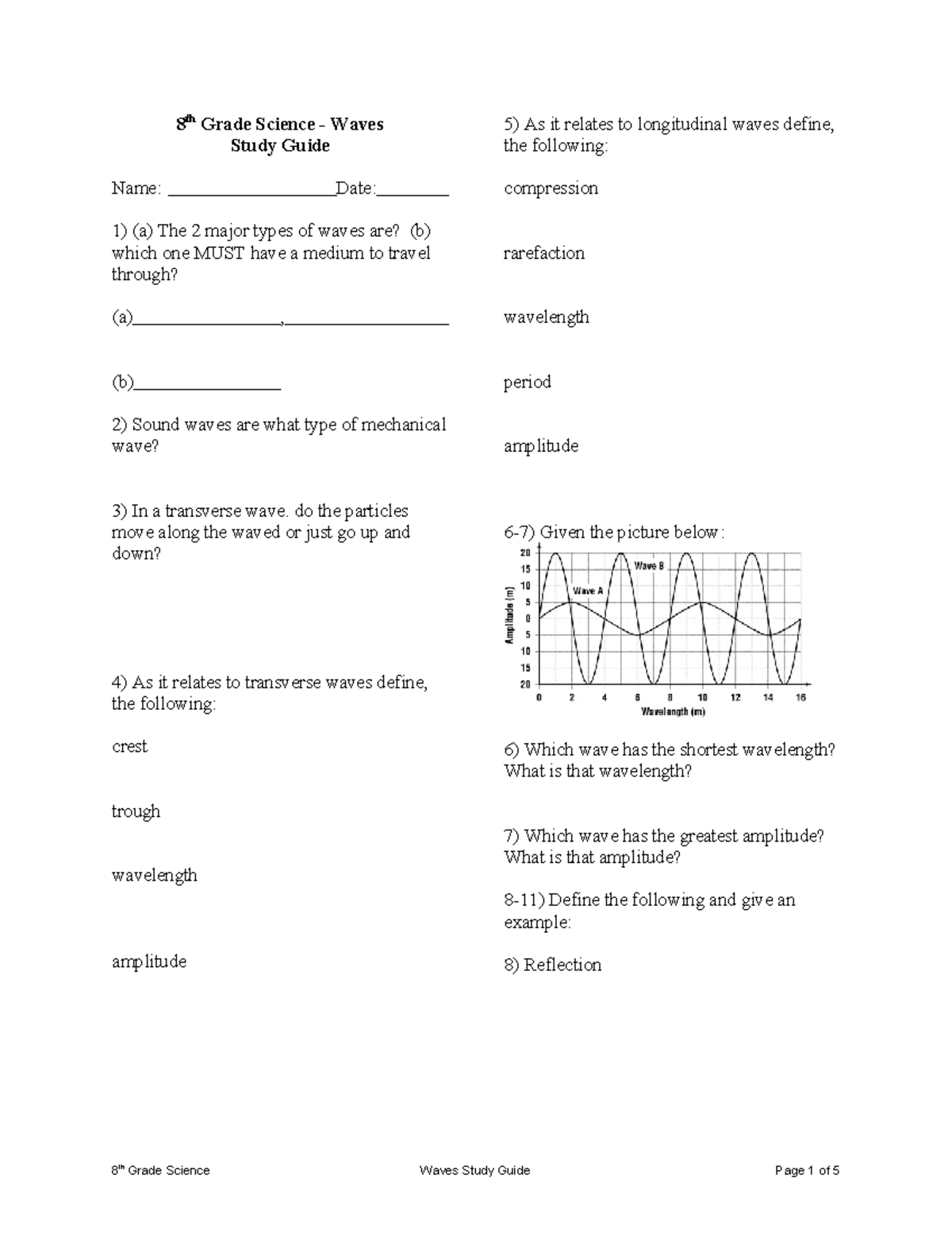 Unit 2 Test Study Guide - Waves - 8 th Grade Science - Waves Study ...