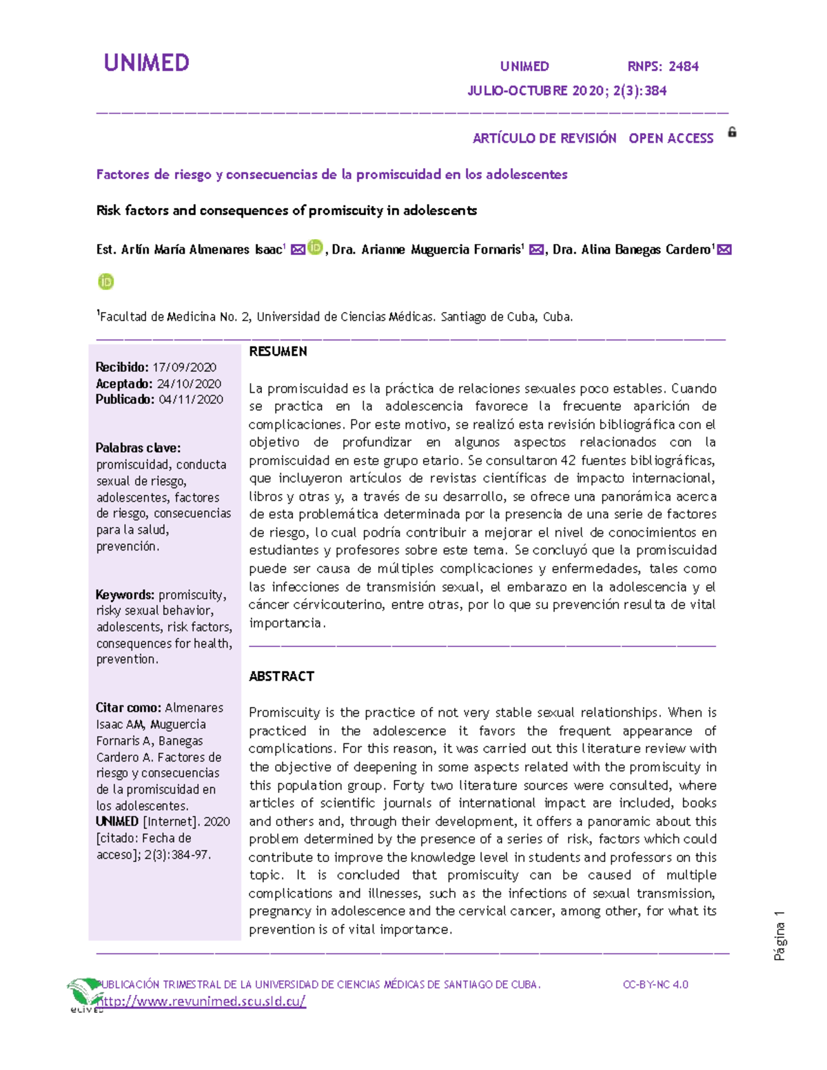 Causas y consecuencias de la promiscuidad - JULIO-OCTUBRE 2020; 2(3 ...
