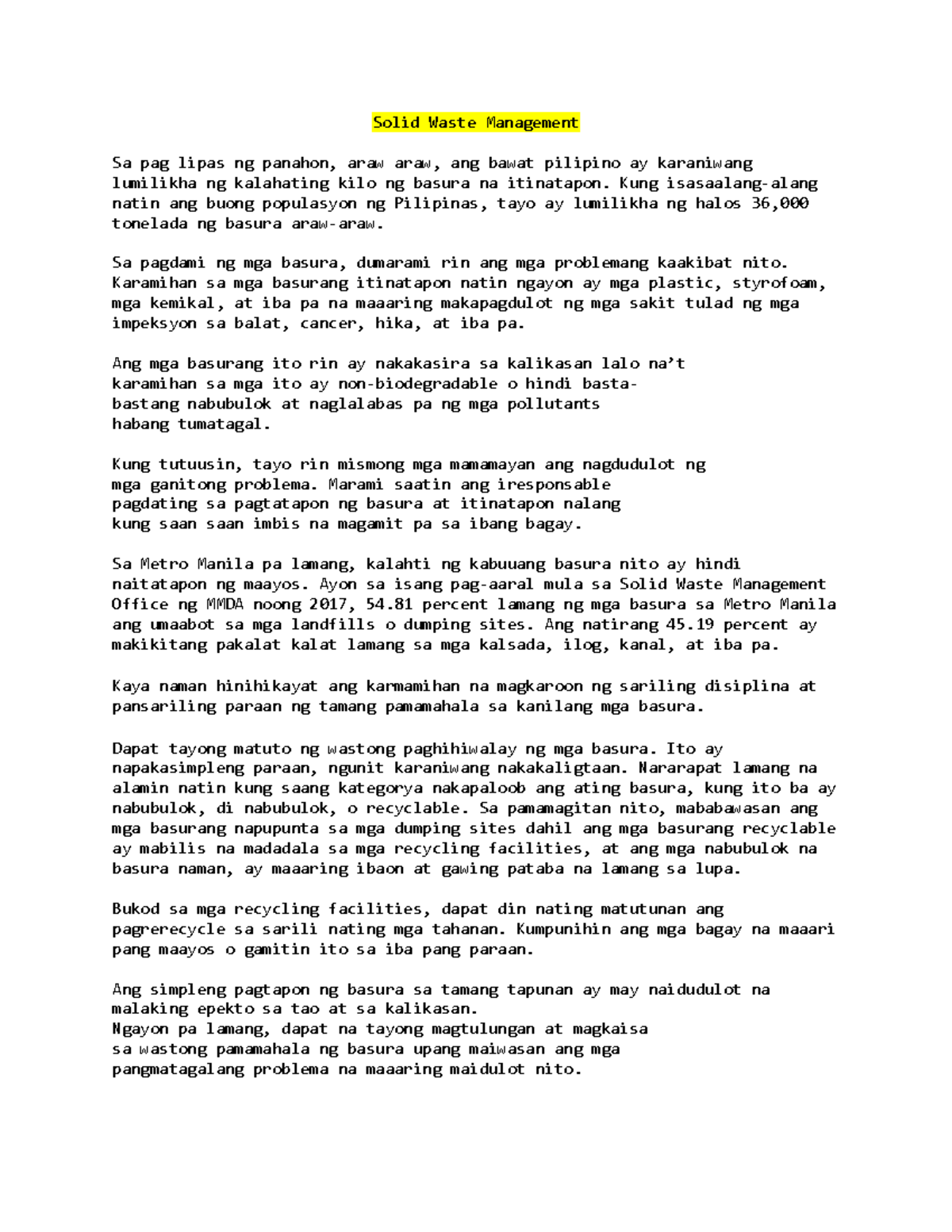 Solid Waste Management - Kung isasaalang-alang natin ang buong ...
