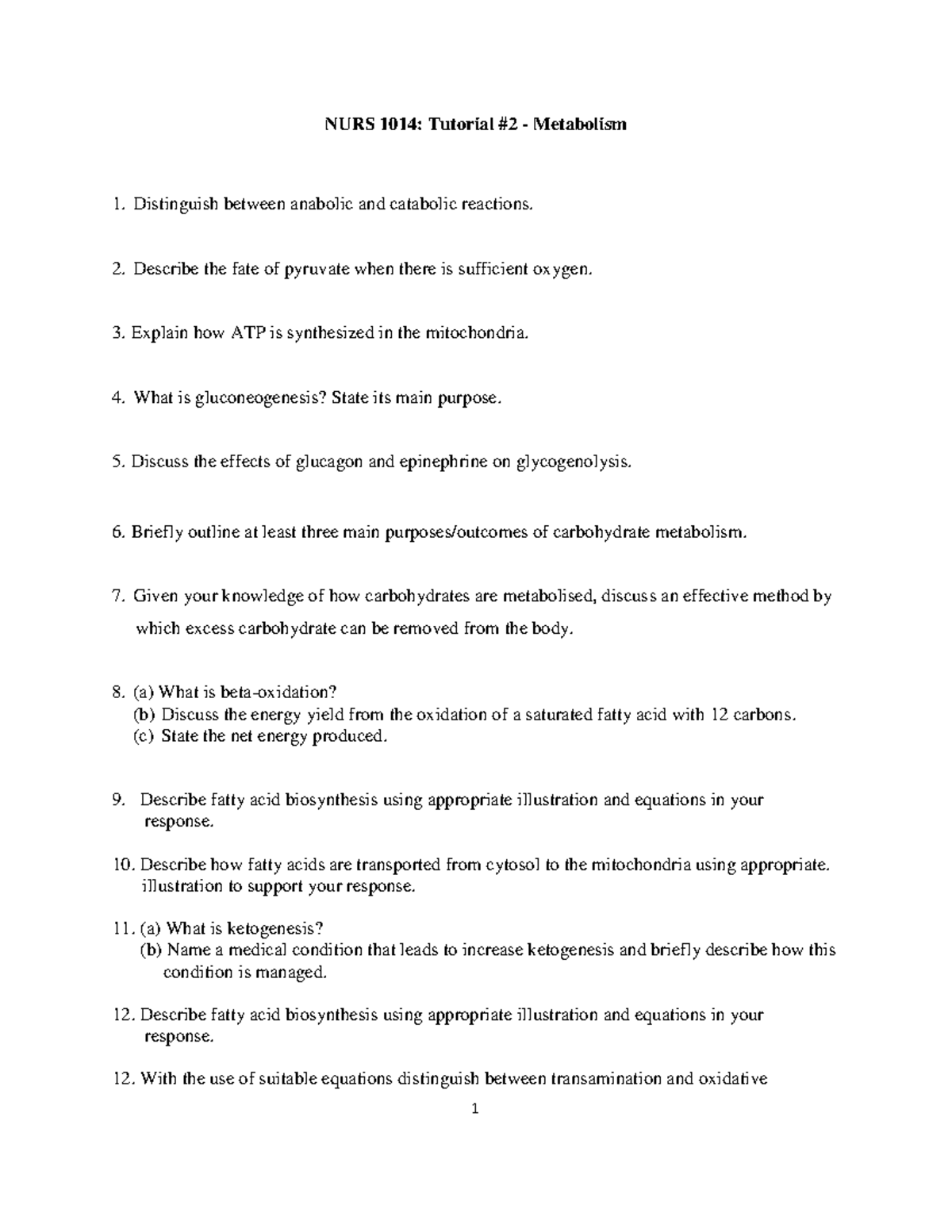 NURS 1014 - Tutorial #2 - notes - 1 NURS 1014: Tutorial #2 - Metabolism ...