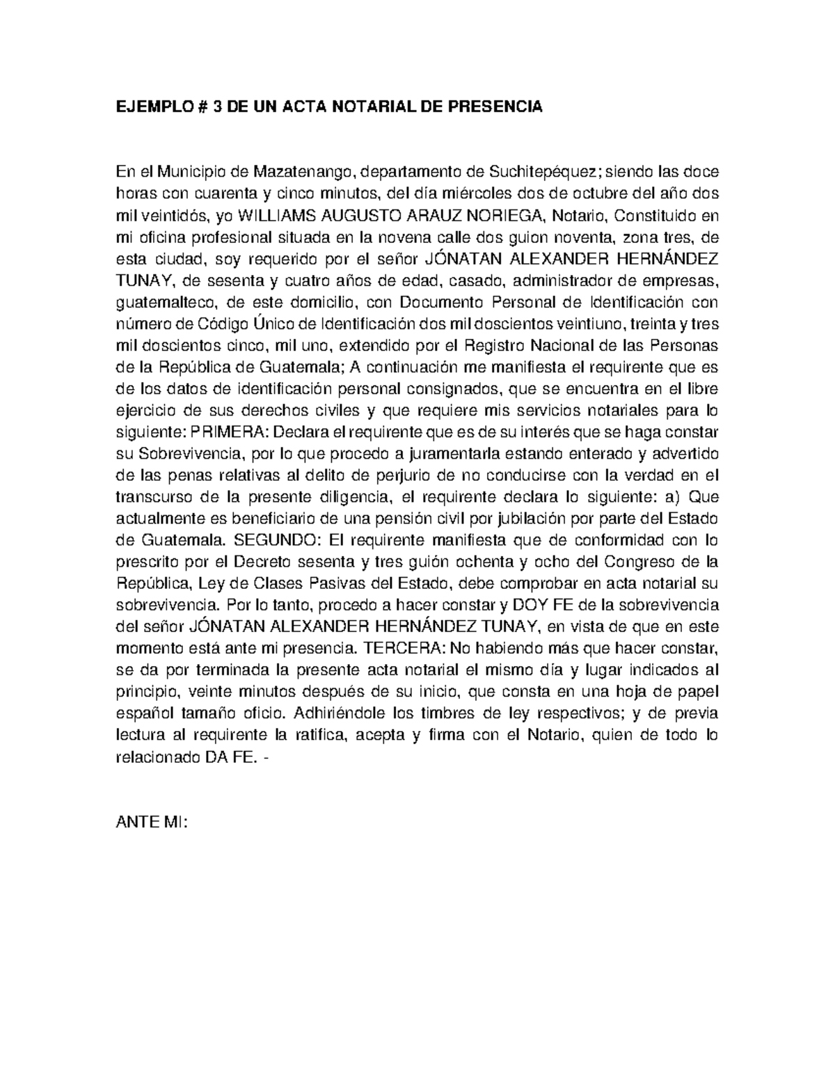 Ejemplo # 3 DE UN ACTA Notarial DE Presencia - EJEMPLO # 3 DE UN ACTA ...