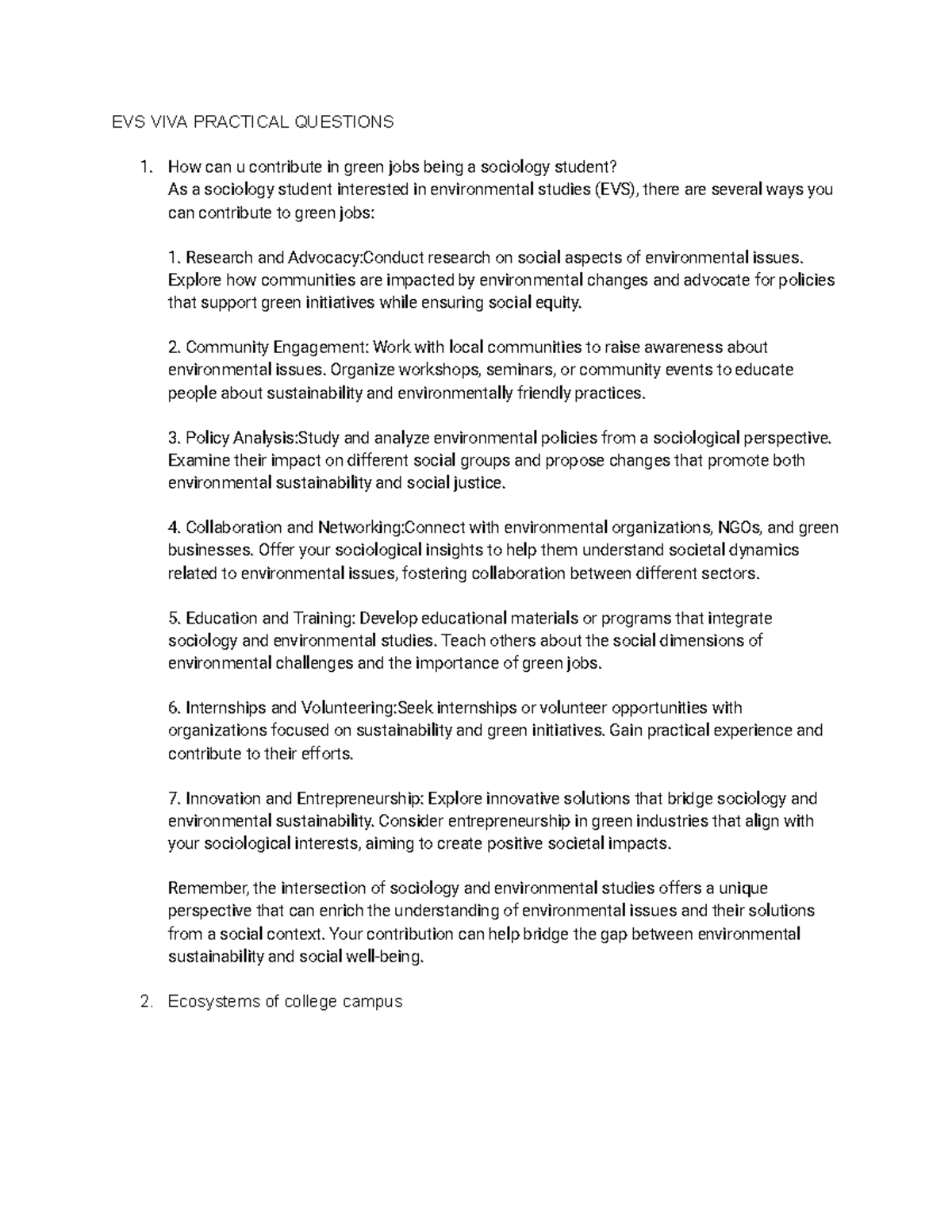 Untitled document (10) - EVS VIVA PRACTICAL QUESTIONS 1. How can u contribute in green jobs ...