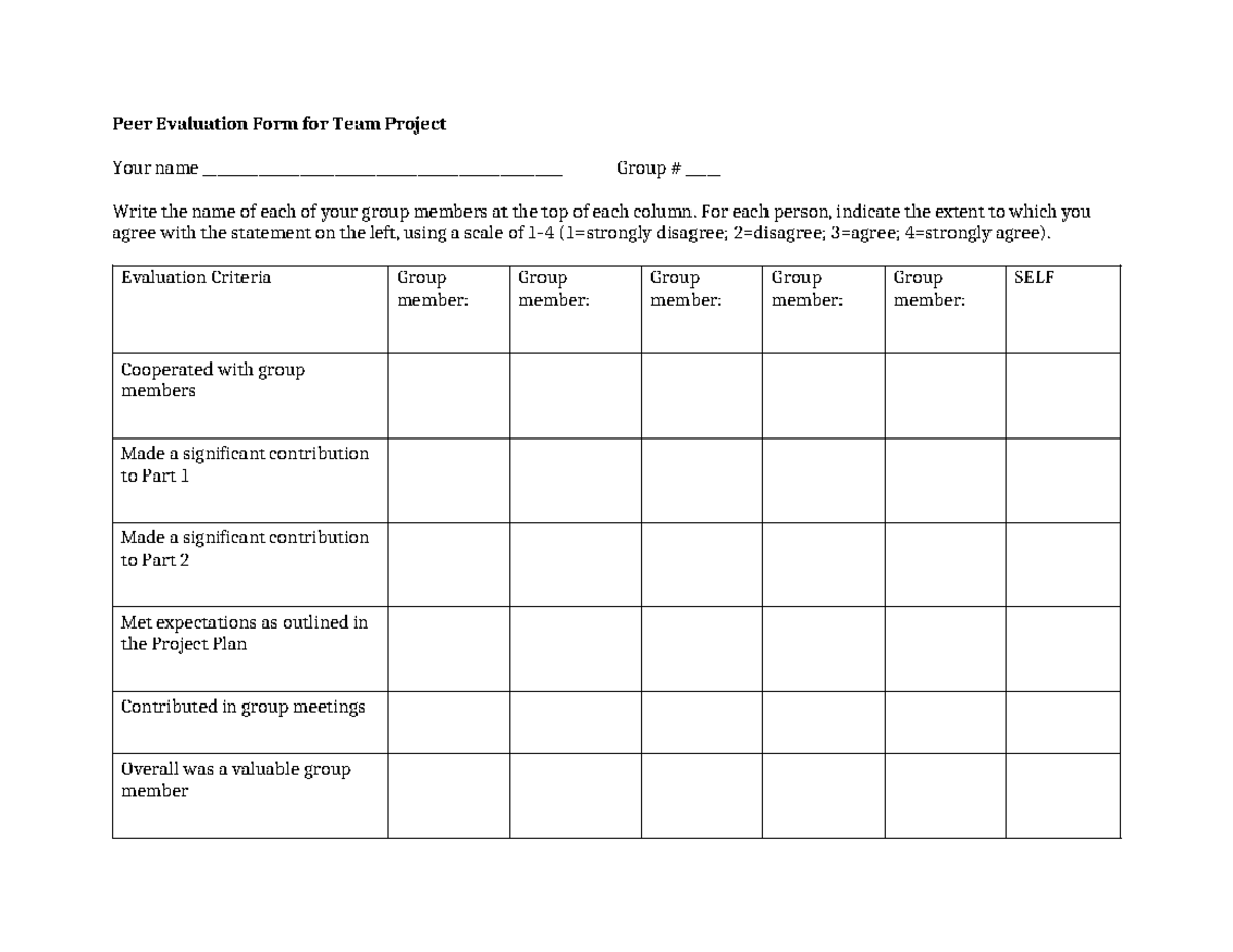BUS 200 Peer Evaluation Form - Peer Evaluation Form for Team Project ...