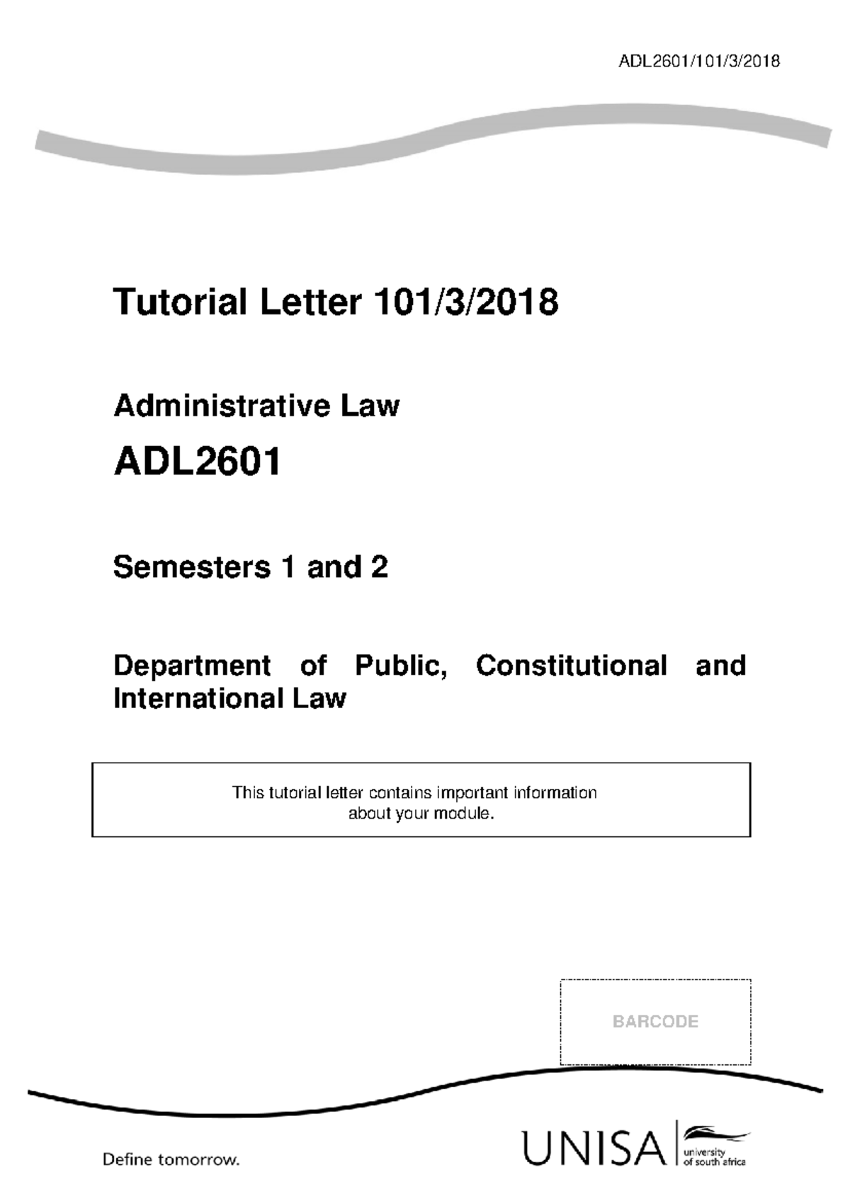 ADL2601 TL101 2018 - jjfhhkllk;k; - ADL2601/101/3/ Tutorial Letter 101 ...