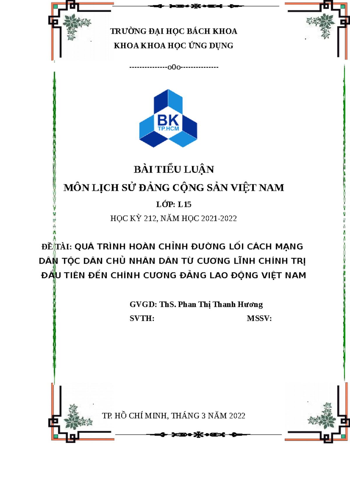 [123doc] - tieu-luan-lich-su-dang-dh-bach-khoa-hcm - TRƯỜNG ĐẠI HỌC BÁCH KHOA KHOA KHOA HỌC ỨNG ...