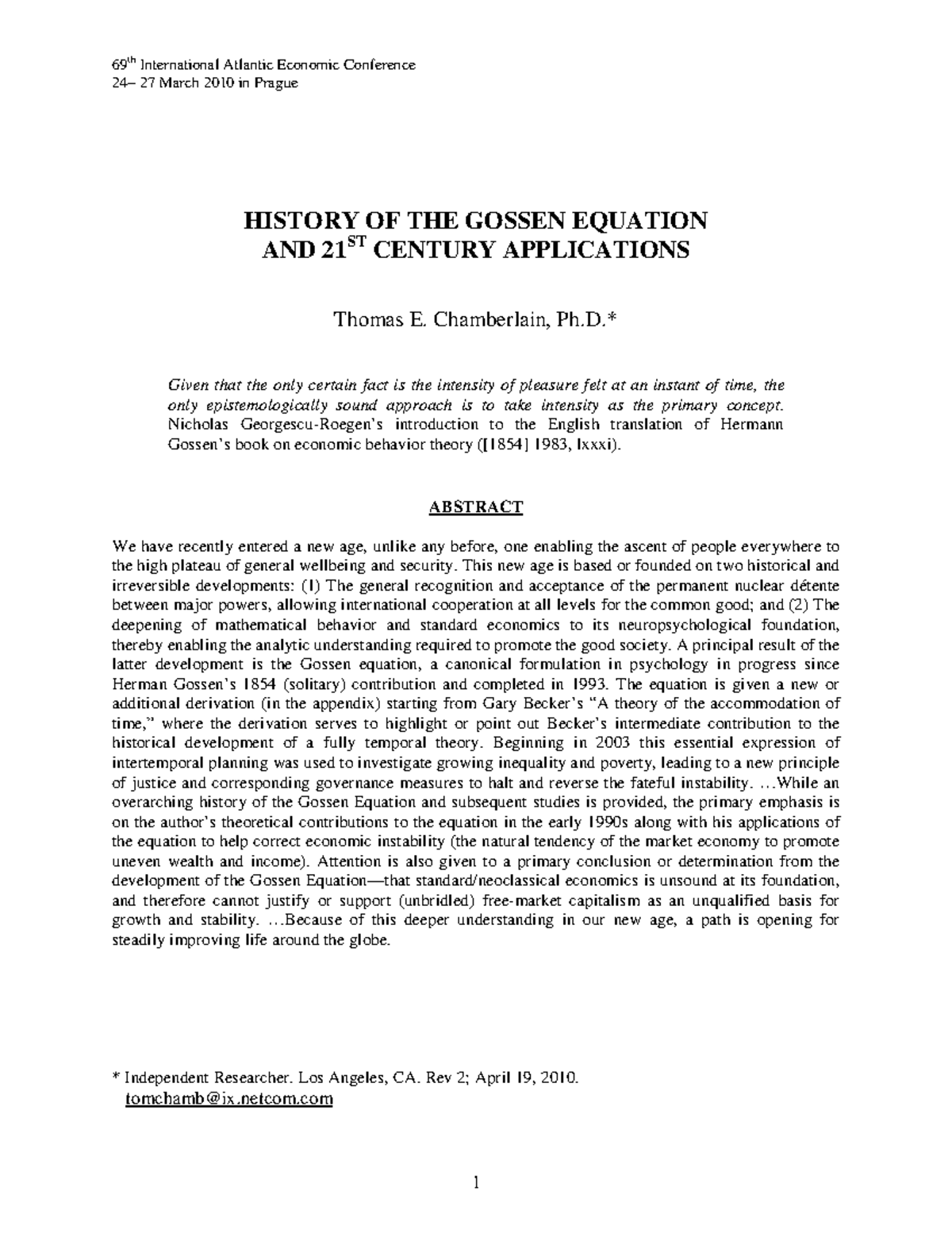 100420 History of the Gossen Equation - 24– 27 March 2010 in Prague ...