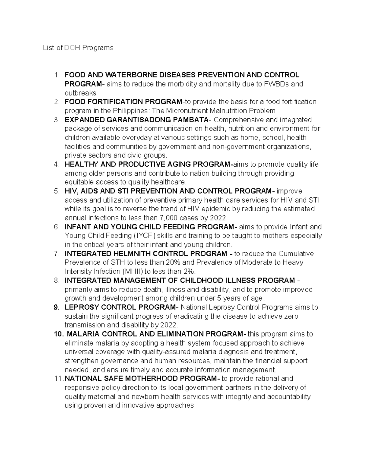 List of DOH Programs - FOOD AND WATERBORNE DISEASES PREVENTION AND ...