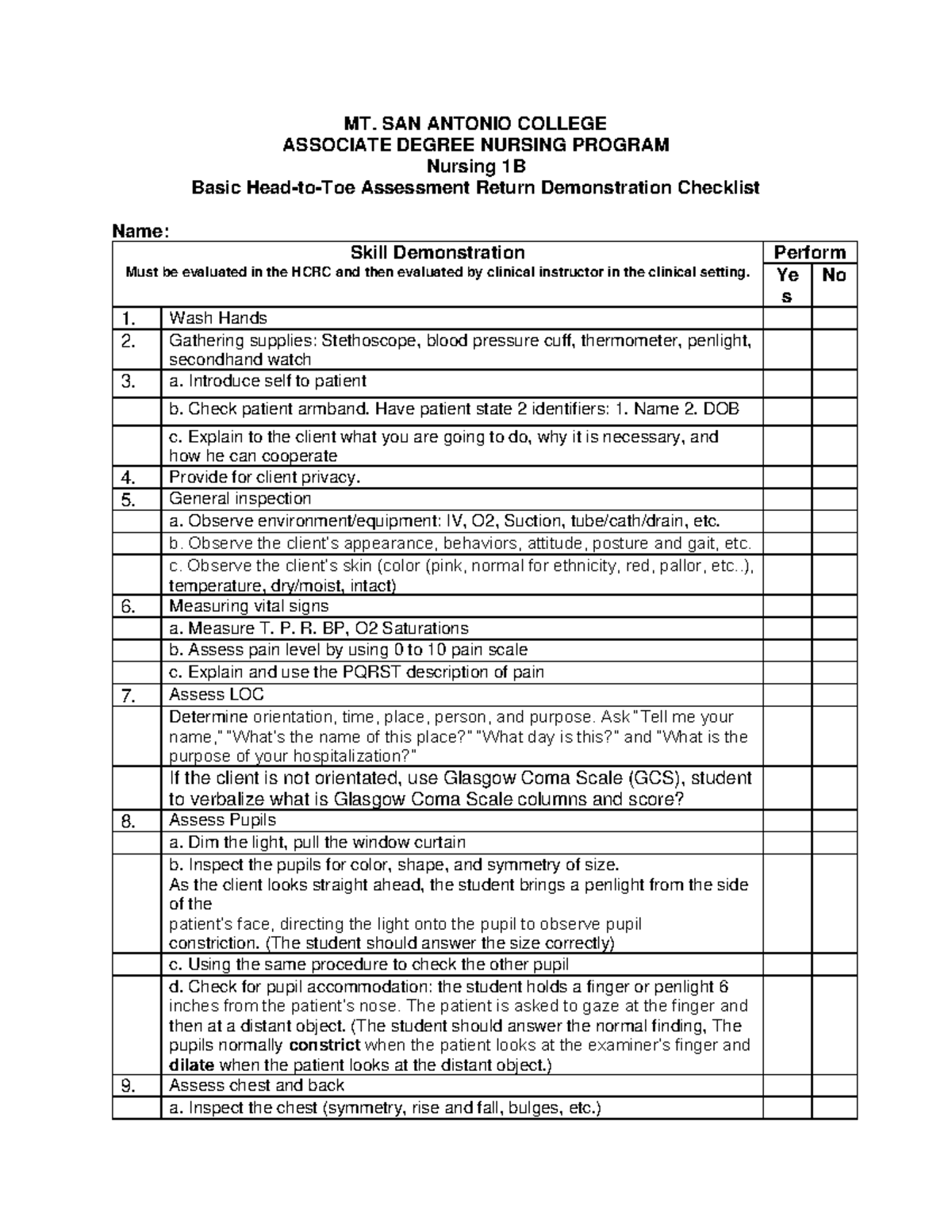 N1B Head To Toe Assessment Checkoff list 1 - MT. SAN ANTONIO COLLEGE ...