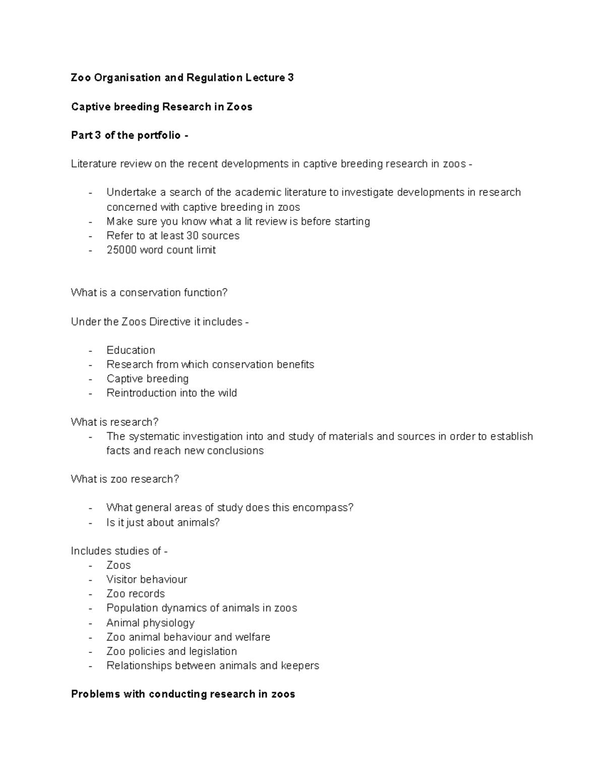 Zoo Organisation and Regulations lecture 3 - Studocu