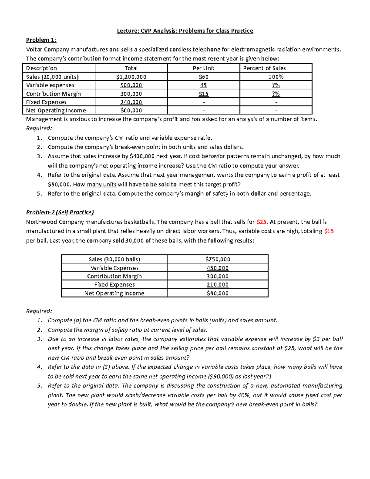 CPV-Practice-Problems - Lecture: CVP Analysis: Problems for Class Practice Problem 1: Voltar ...