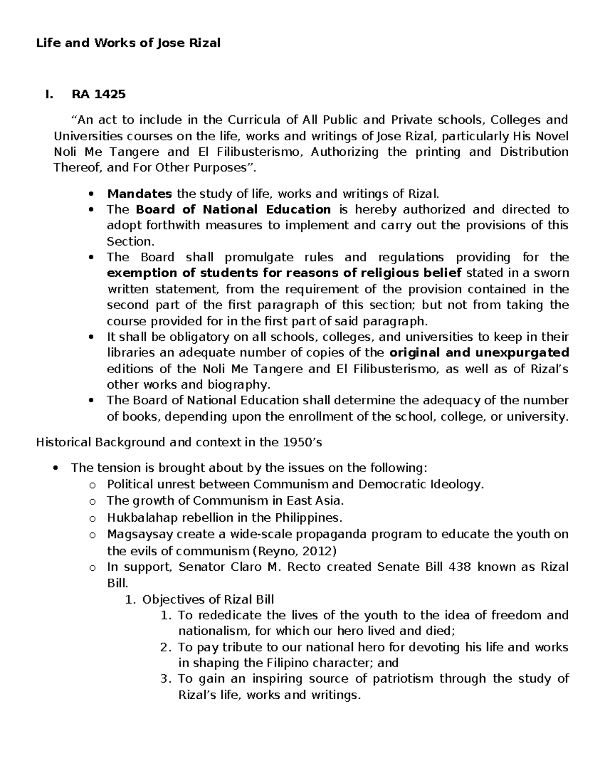Life and Works of Jose Rizal Handouts - Life and Works of Jose Rizal I. RA 1425 “An act to ...