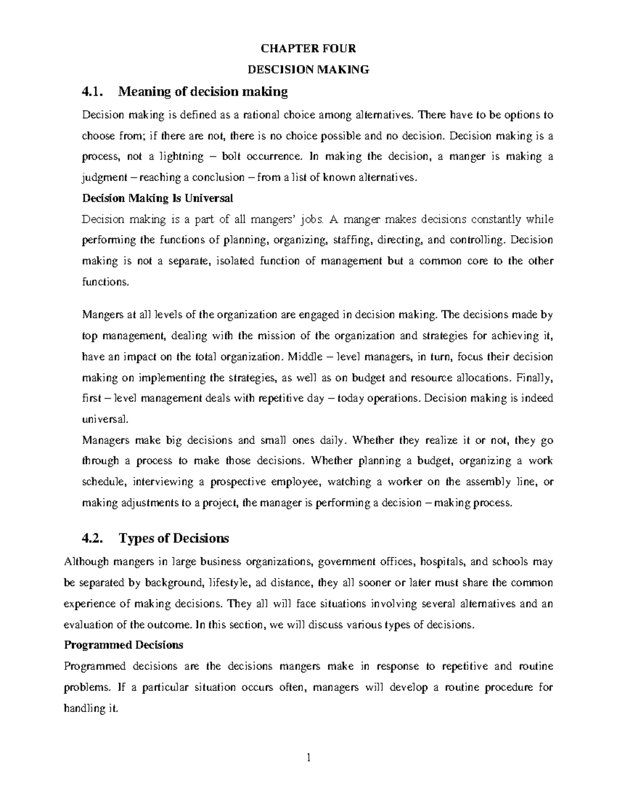 Chapter 4 Decision Making - CHAPTER FOUR DESCISION MAKING 4. Meaning of ...