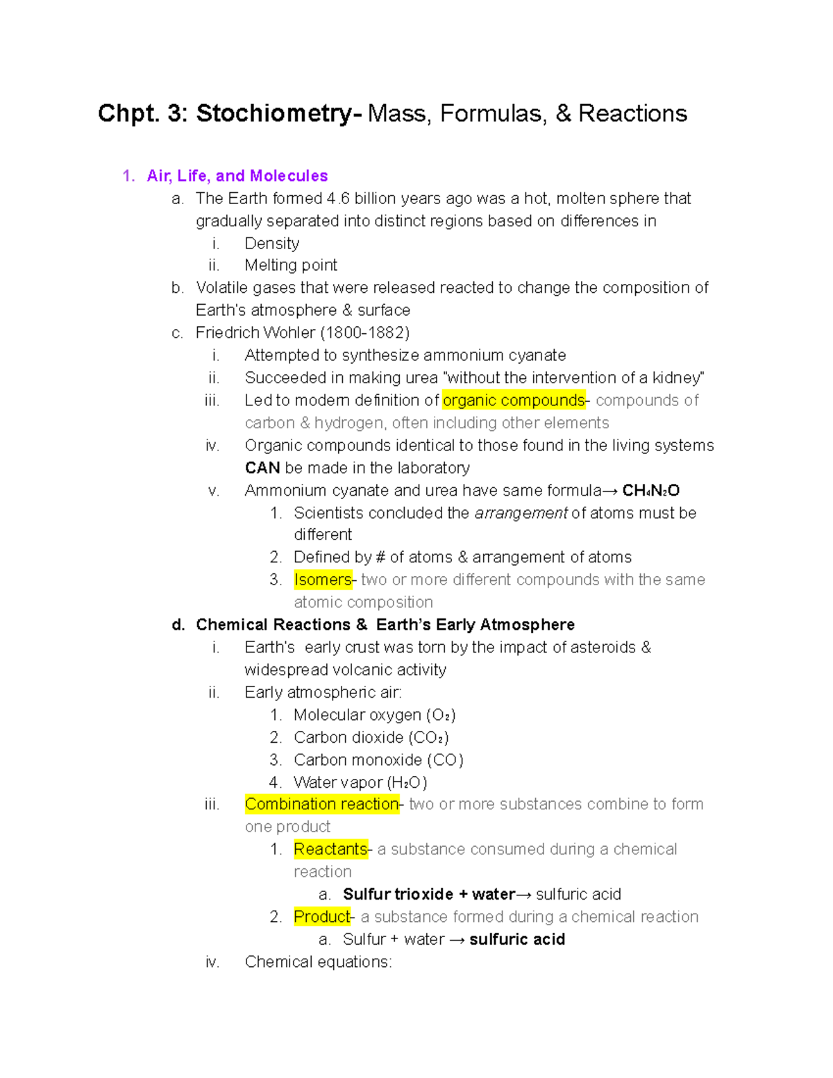 CHM 141 chpt. 3 notes - Chpt. 3: Stochiometry- Mass, Formulas ...