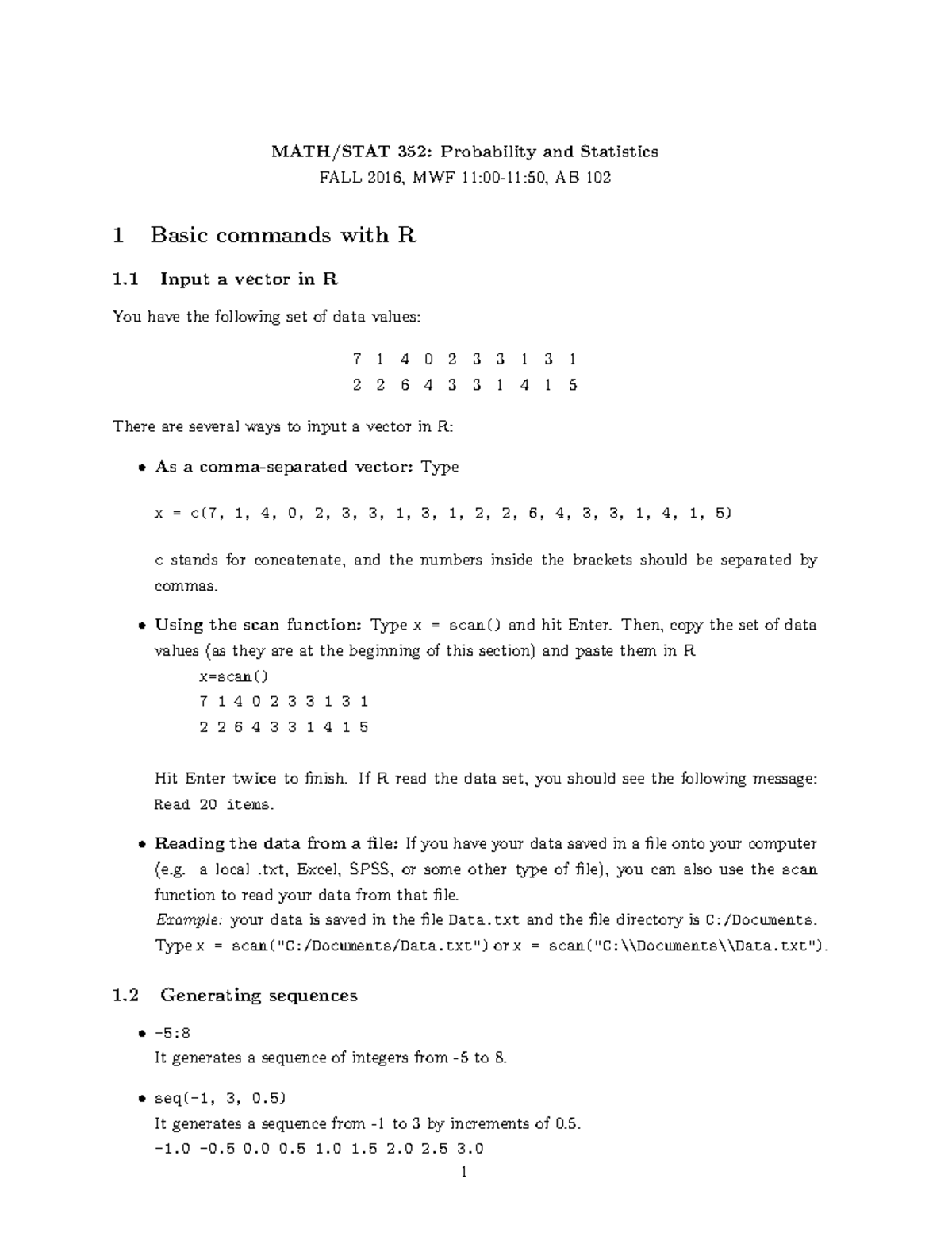 STAT 352 R Basic Commands 352 Probability And Statistics FALL 2016 stat-352-r-basic-commands-352-probability-and-statistics-fall-2016