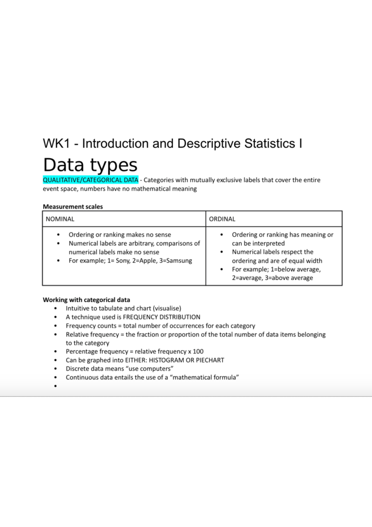 Notes for exam - WK1 Introduction and Descriptive Statistics I Data ...