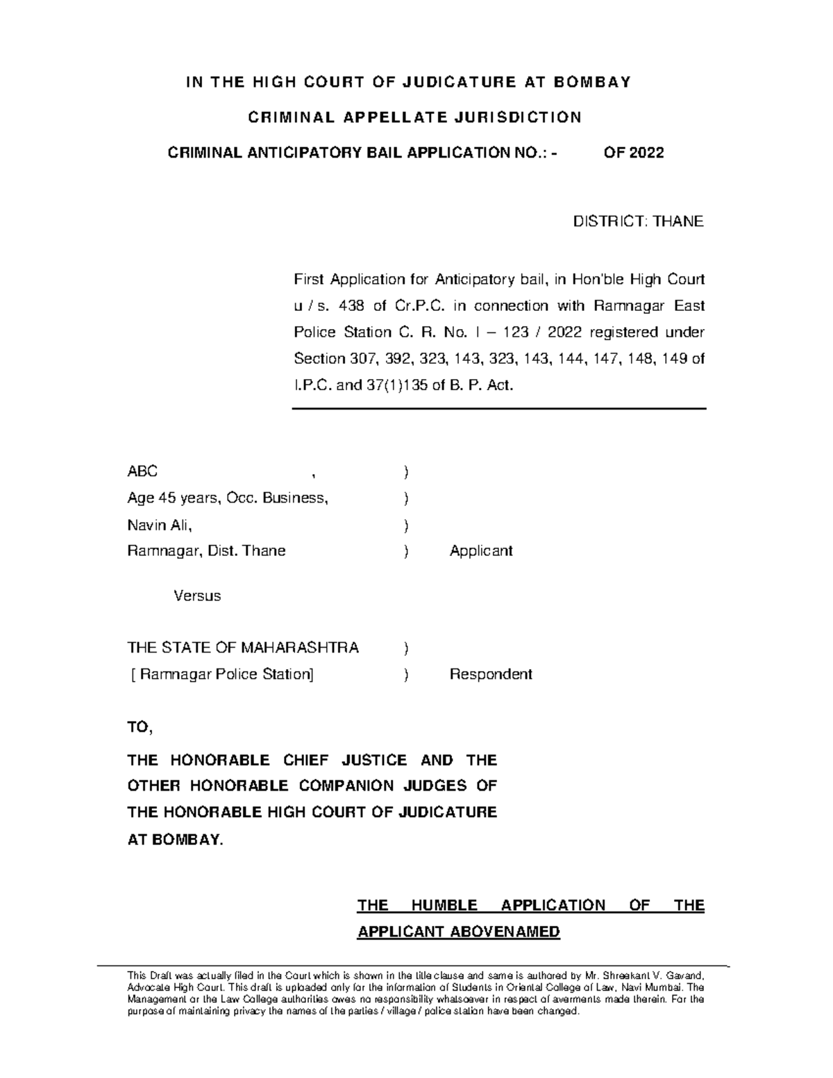 Anticipatory Bail Application by Accused - This Draft was actually ...