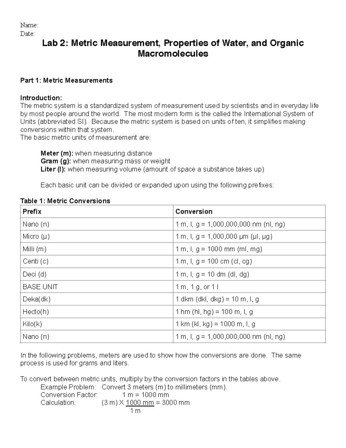 Bio - Lab 2 - Lab - Date: Lab 2: Metric Measurement, Properties of ...