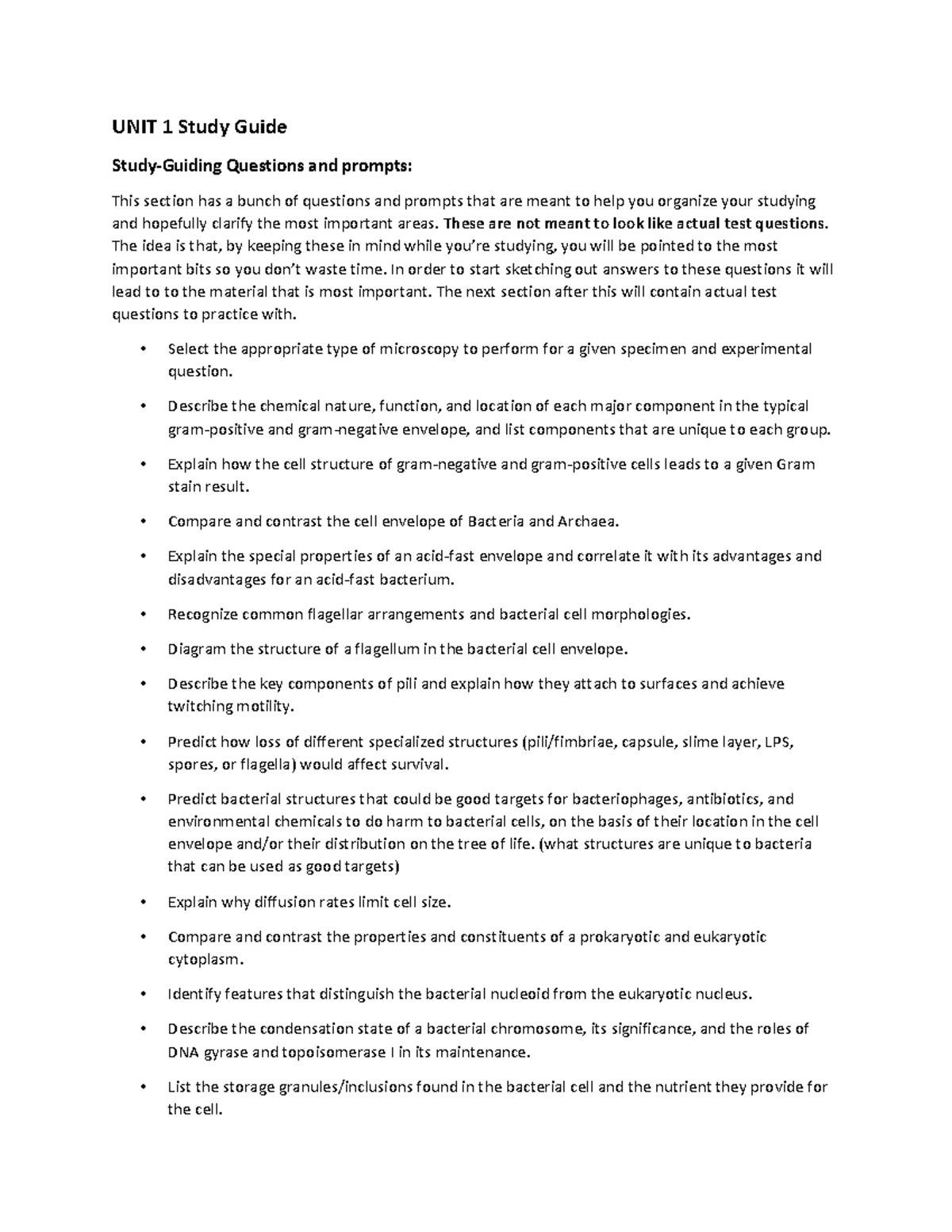 Unit 1 Study Guide and Sample Questions - UNIT 1 Study Guide Study ...