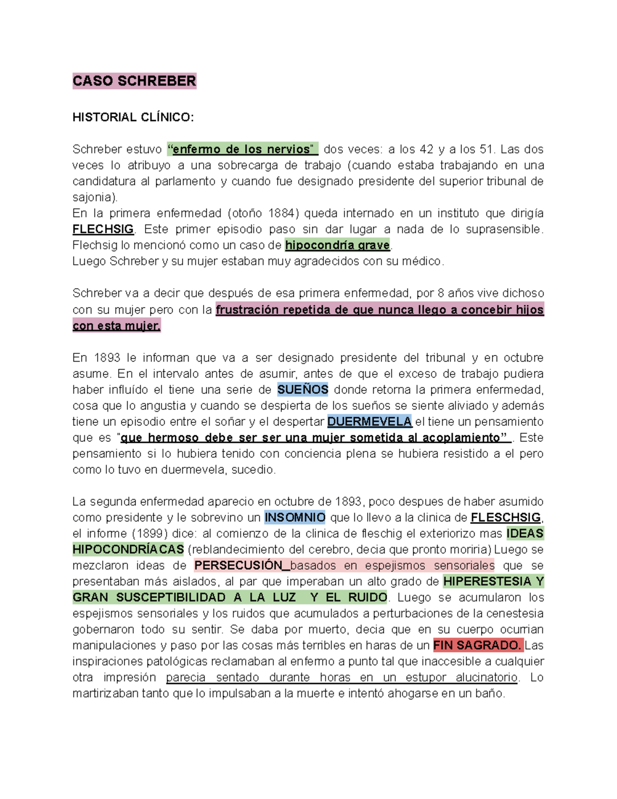 Caso schreber 112234 - CASO SCHREBER HISTORIAL CLÍNICO: Schreber estuvo ...