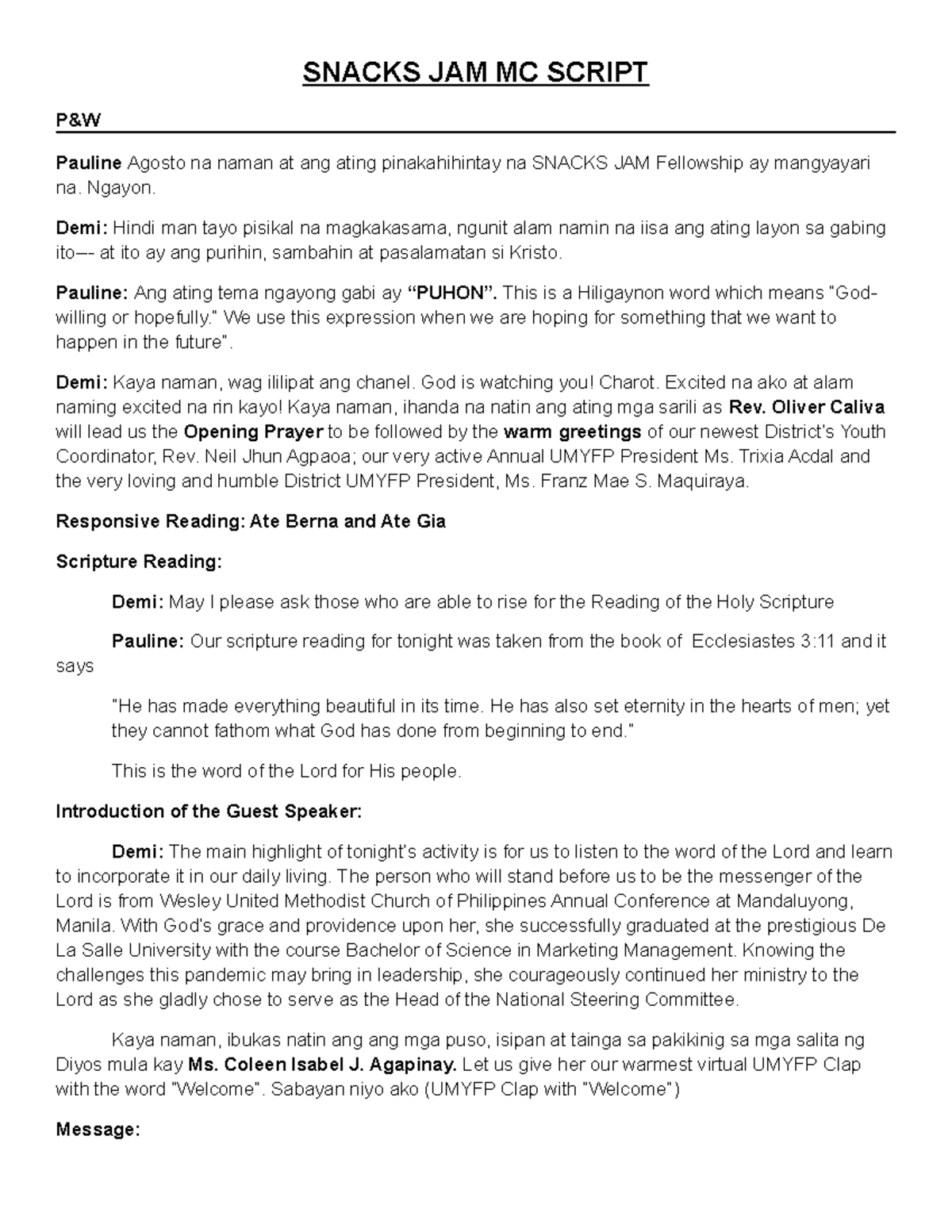 Snacks JAM MC Script - SNACKS JAM MC SCRIPT P&W Pauline Agosto na naman ...