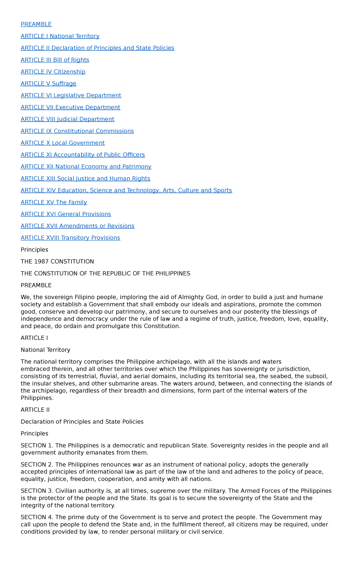 Preamble - assisment - PREAMBLE ARTICLE I National Territory ARTICLE II ...