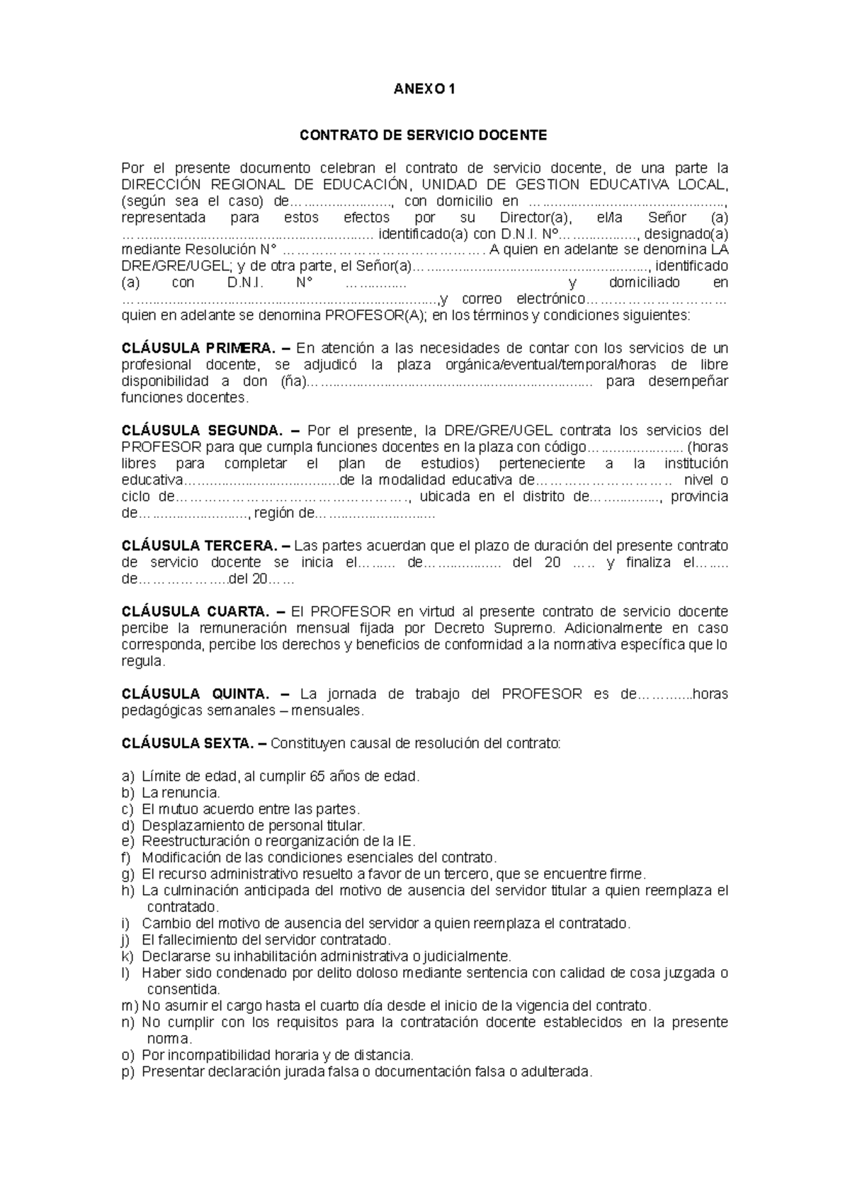 Anexo 1 contrato docente - ANEXO 1 CONTRATO DE SERVICIO DOCENTE Por el presente documento ...