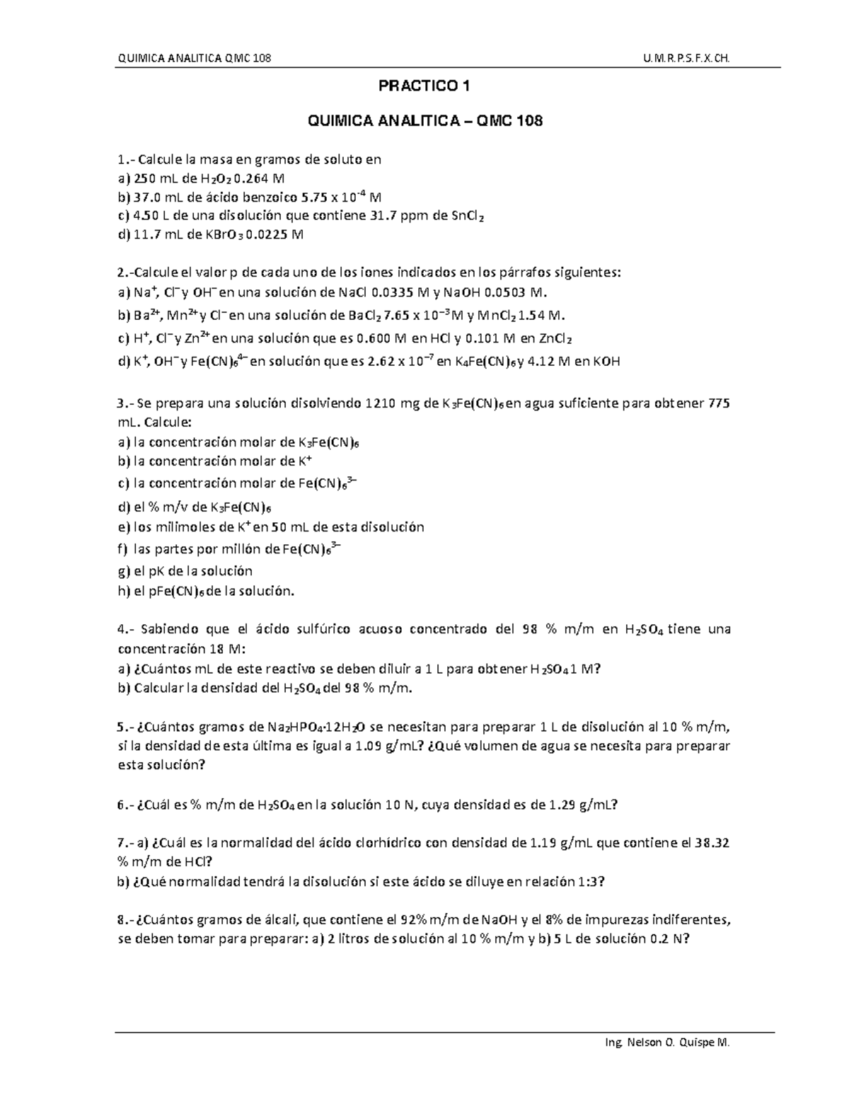 Practico 1 QMC108 - Reaosen - QUIMICA ANALITICA QMC 108 U.M.R.P.S.F.X. Ing. Nelson O. Quispe M ...