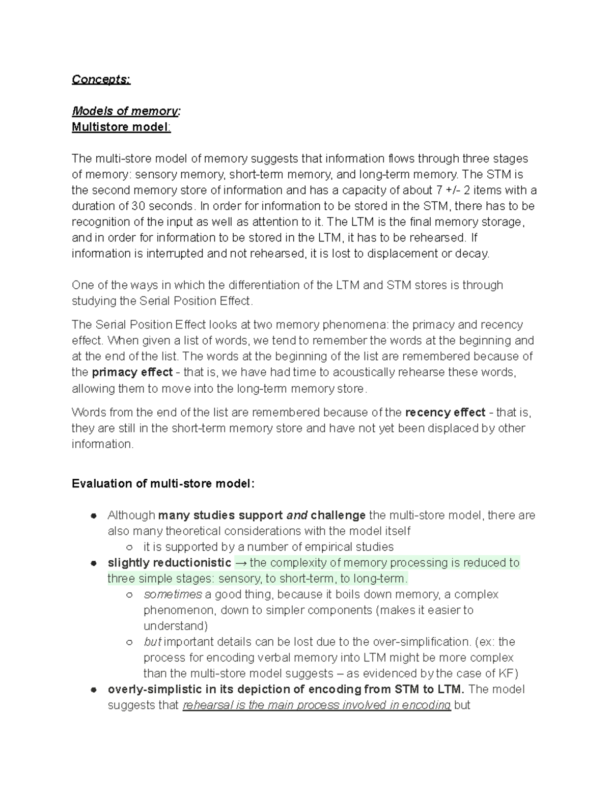 psychology notes - Concepts: Models of memory: Multistore model: The ...