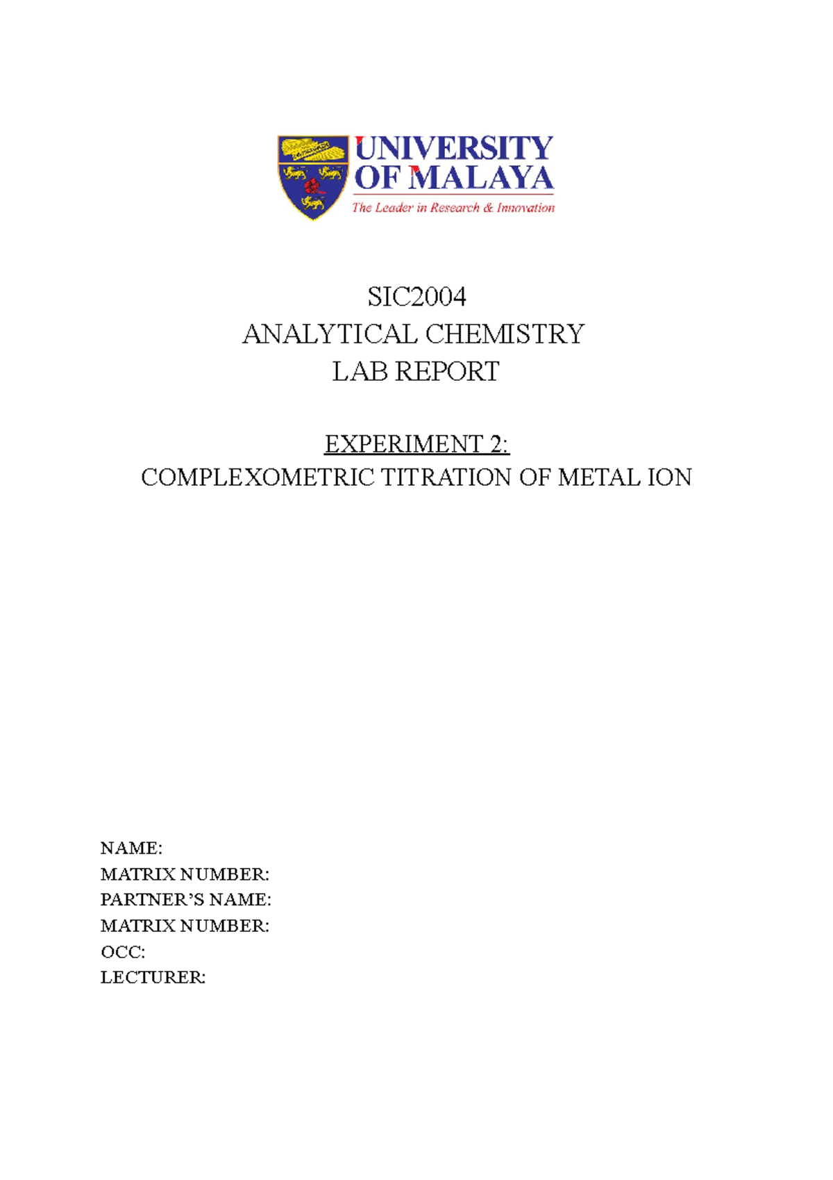 CC EXP 2 SIC2004 - Lab report - SIC ANALYTICAL CHEMISTRY LAB REPORT ...