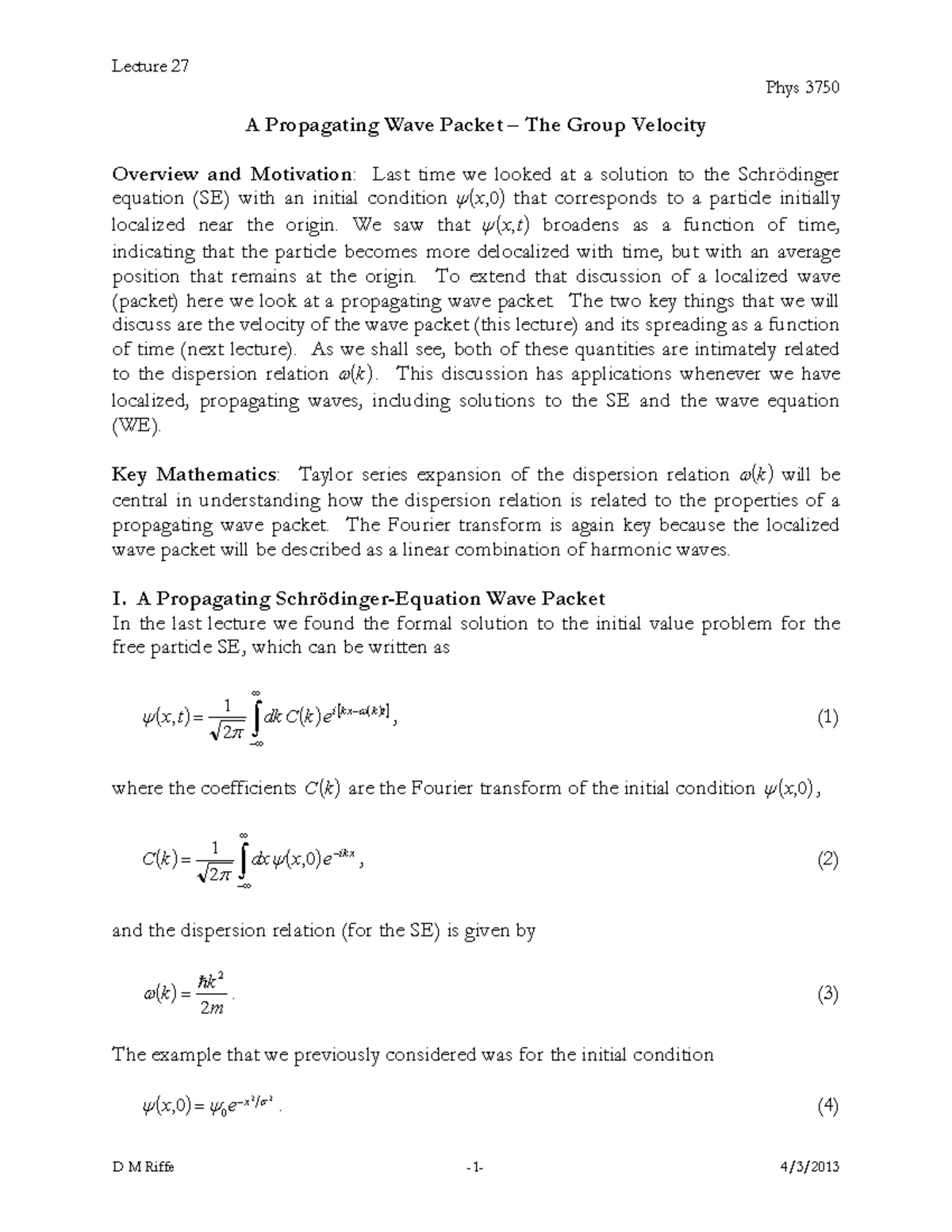 Lecture 27pdf A Propagating Wave Packet The Group Velocity Lecture