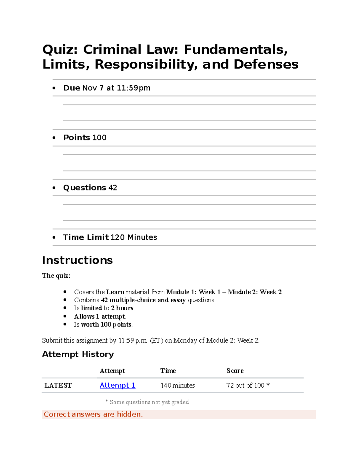 CJUS400 Quiz 1 - essay questions not graded - Quiz: Criminal Law ...