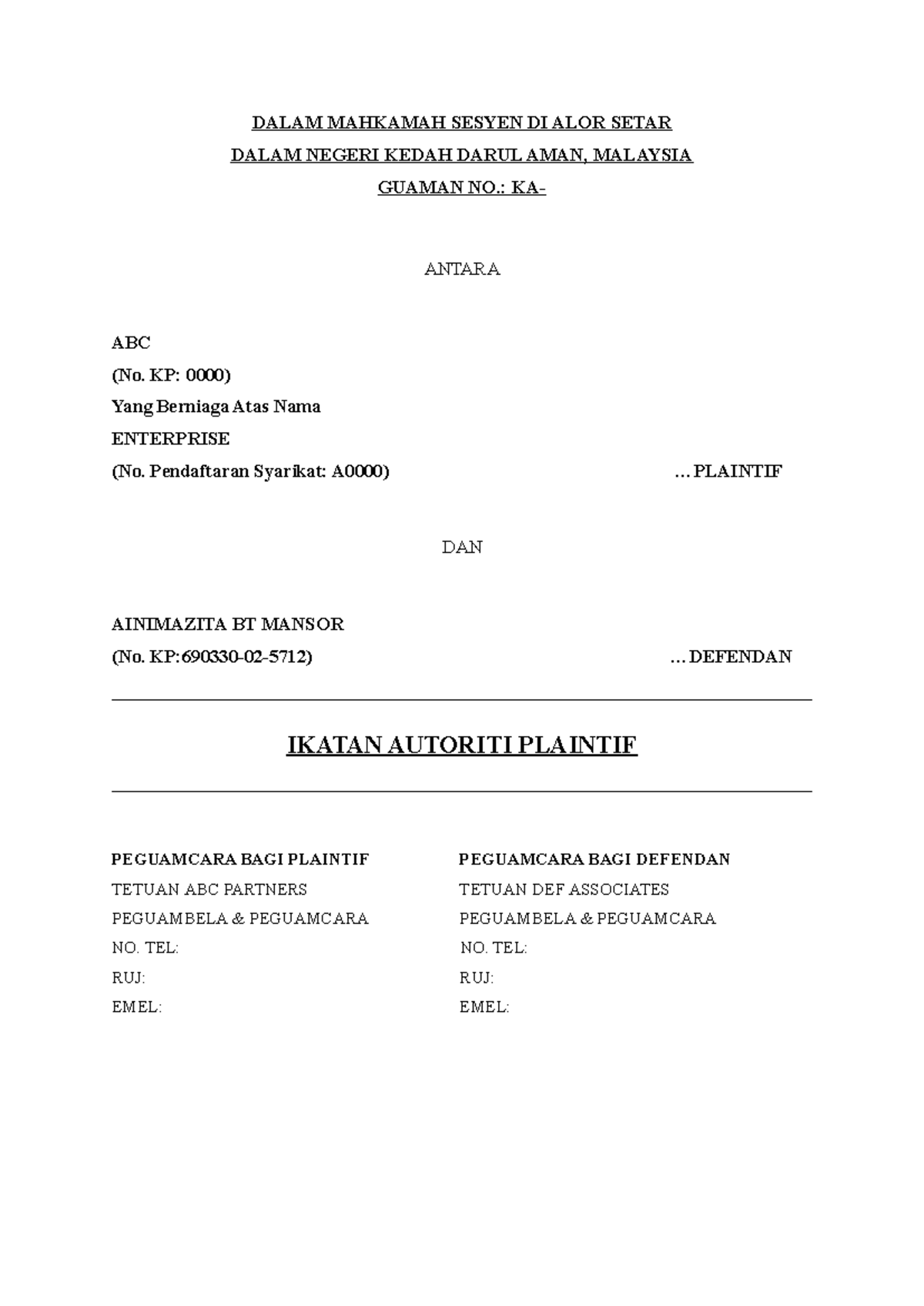 EXAMPLE FRONT COVER BUNDLE OF AUTHORITIES - DALAM MAHKAMAH SESYEN DI ...