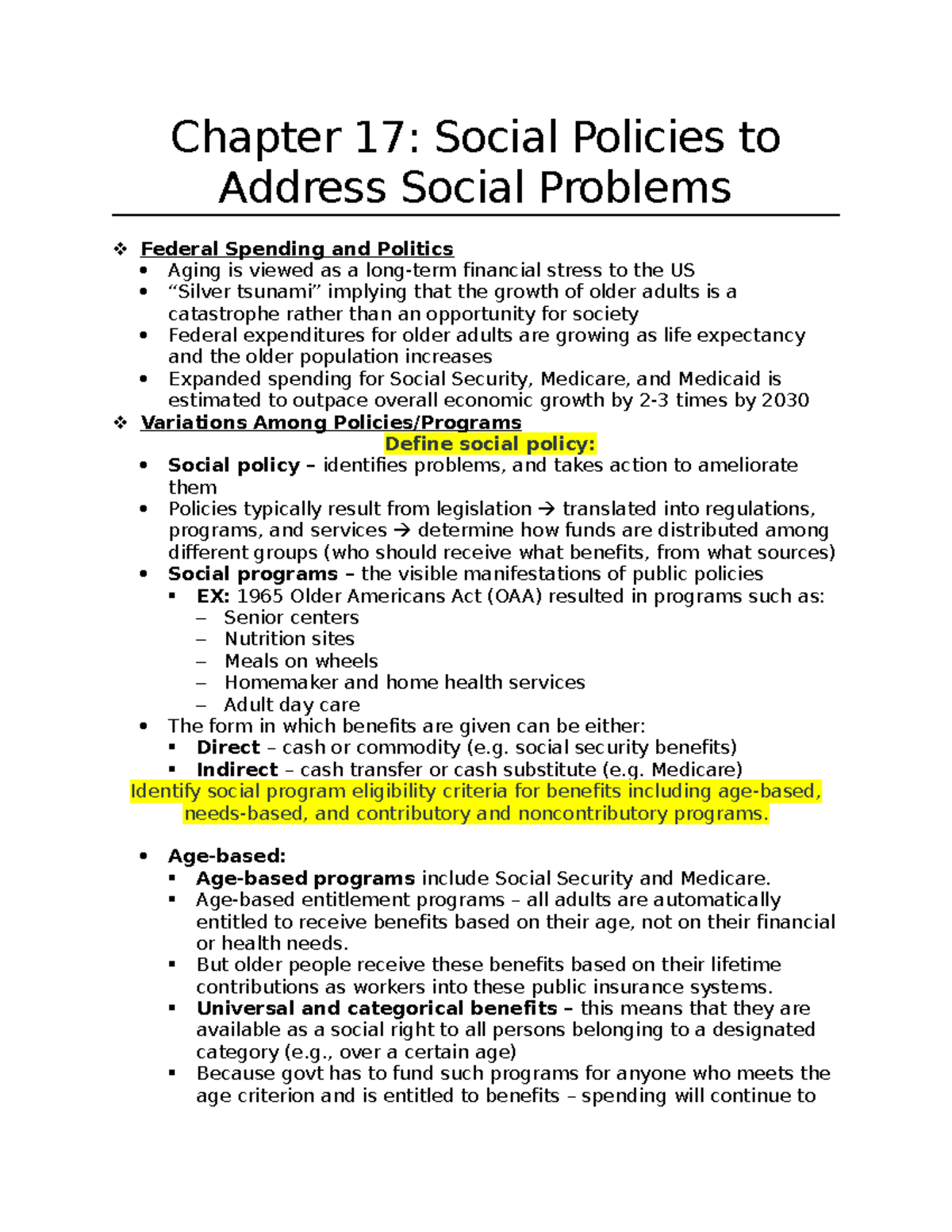 Chapter 17 notes - Social policies to address social problems among ...