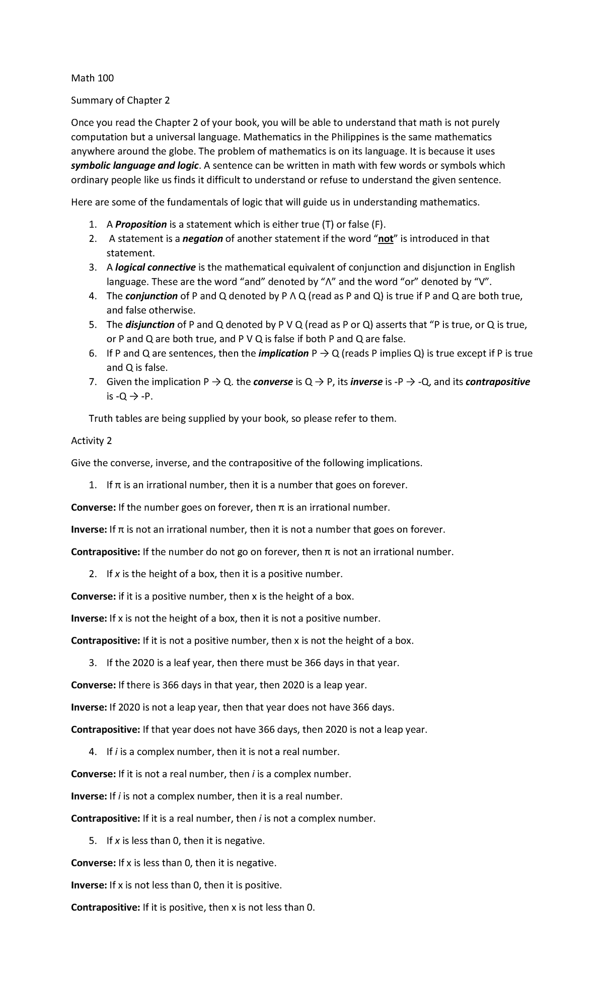 MATH 100 Activity 2 - Math 100 Summary of Chapter 2 Once you read the ...