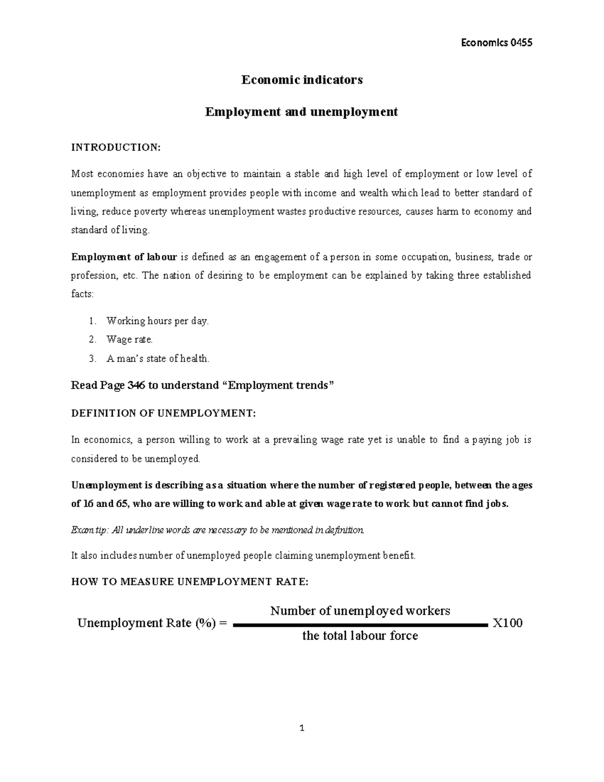 Class notes For A levels - Economic indicators Employment and ...