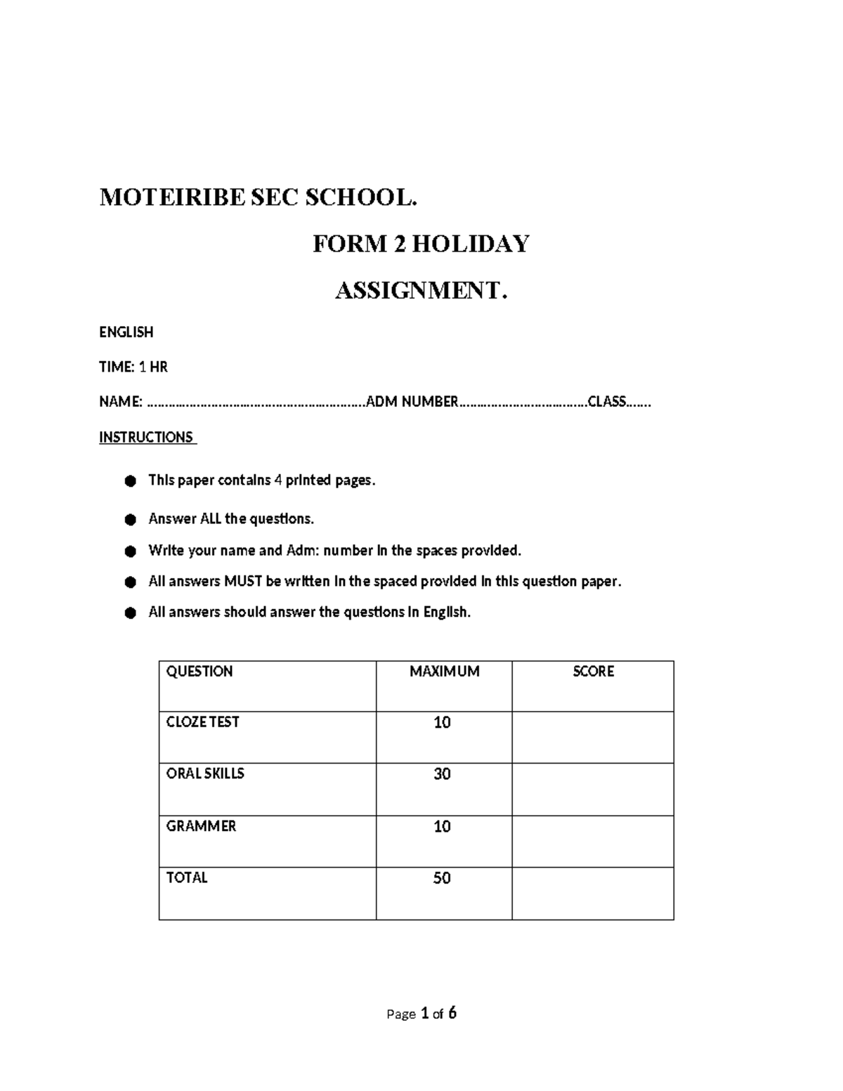 English FORM 2 Questions - MOTEIRIBE SEC SCHOOL. FORM 2 HOLIDAY ...