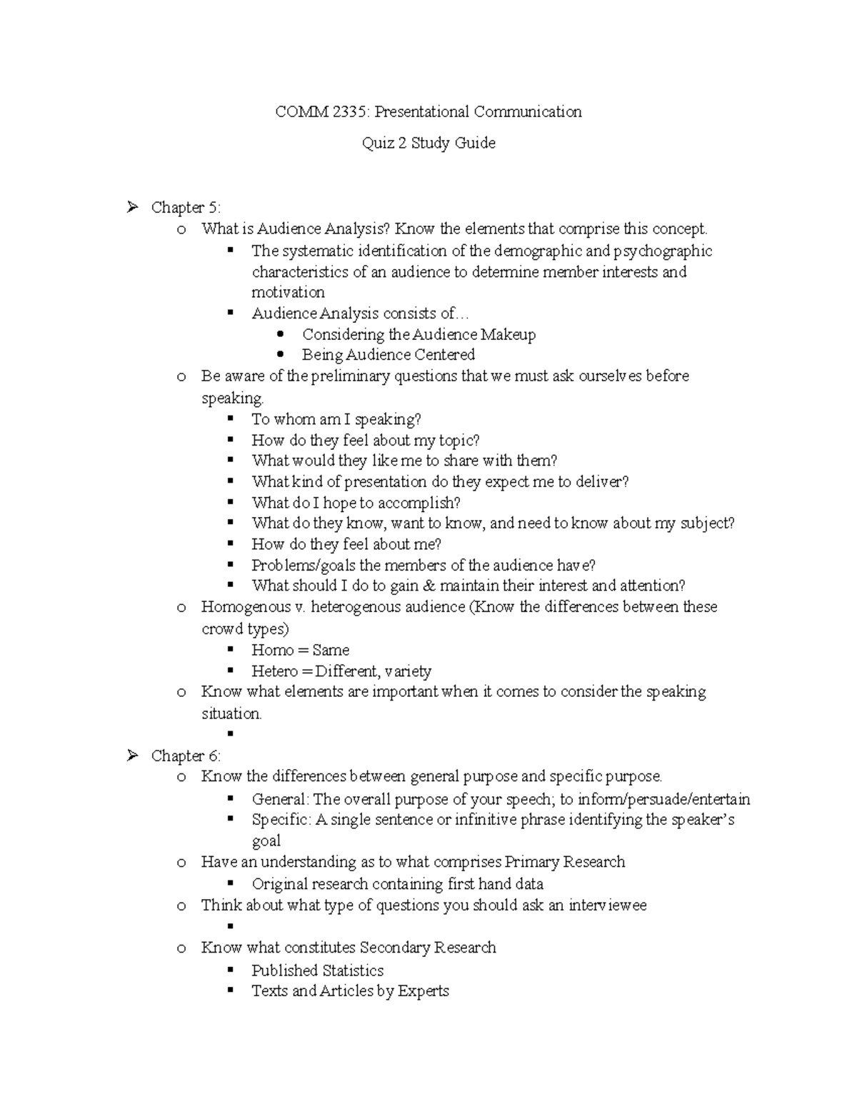 COMM 2335 Quiz 2 Review FIlled Out - COMM 2335: Presentational ...