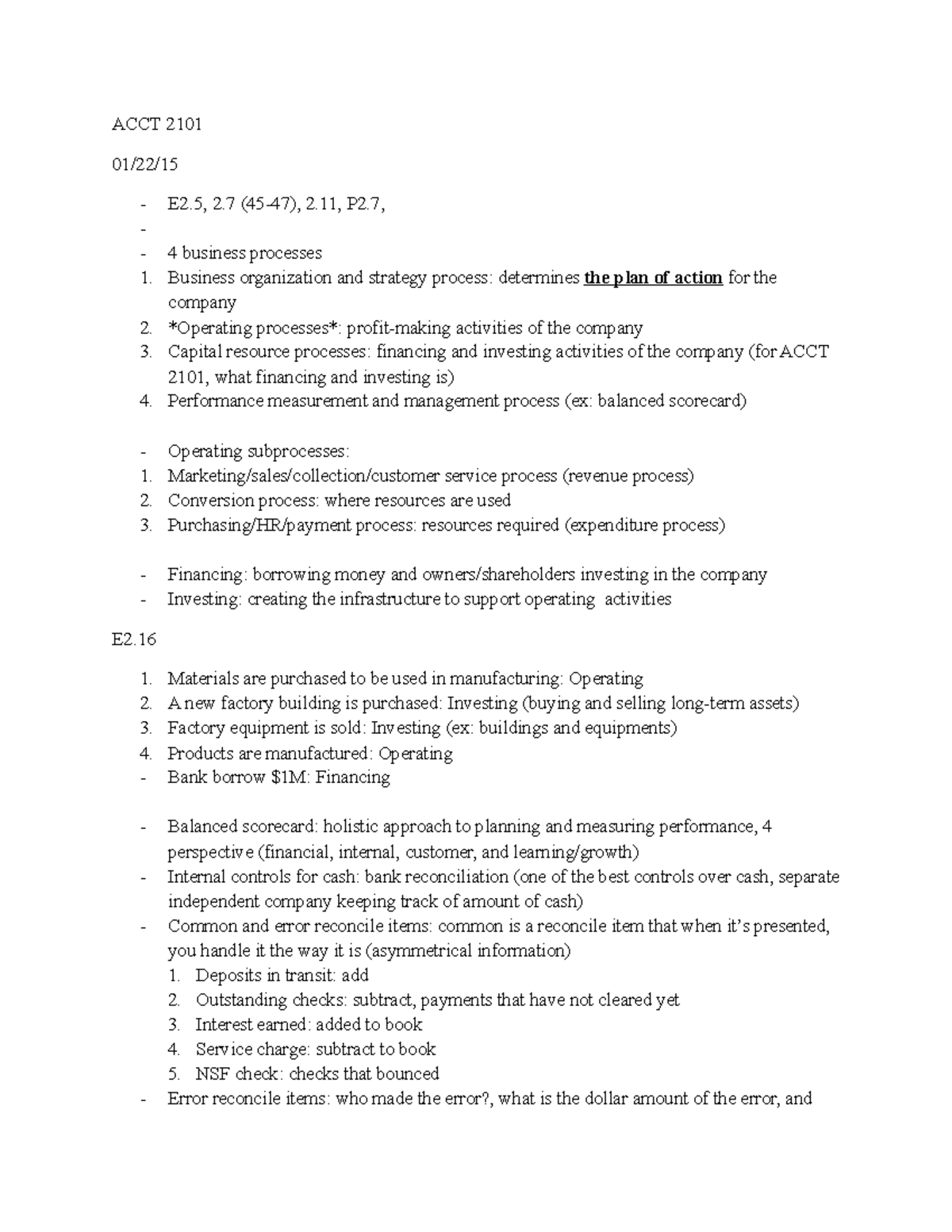 ACCT 2101 Ch. 2 Notes - ACCT 2101 E2, 2 2, P2, 4 business processes 1 ...