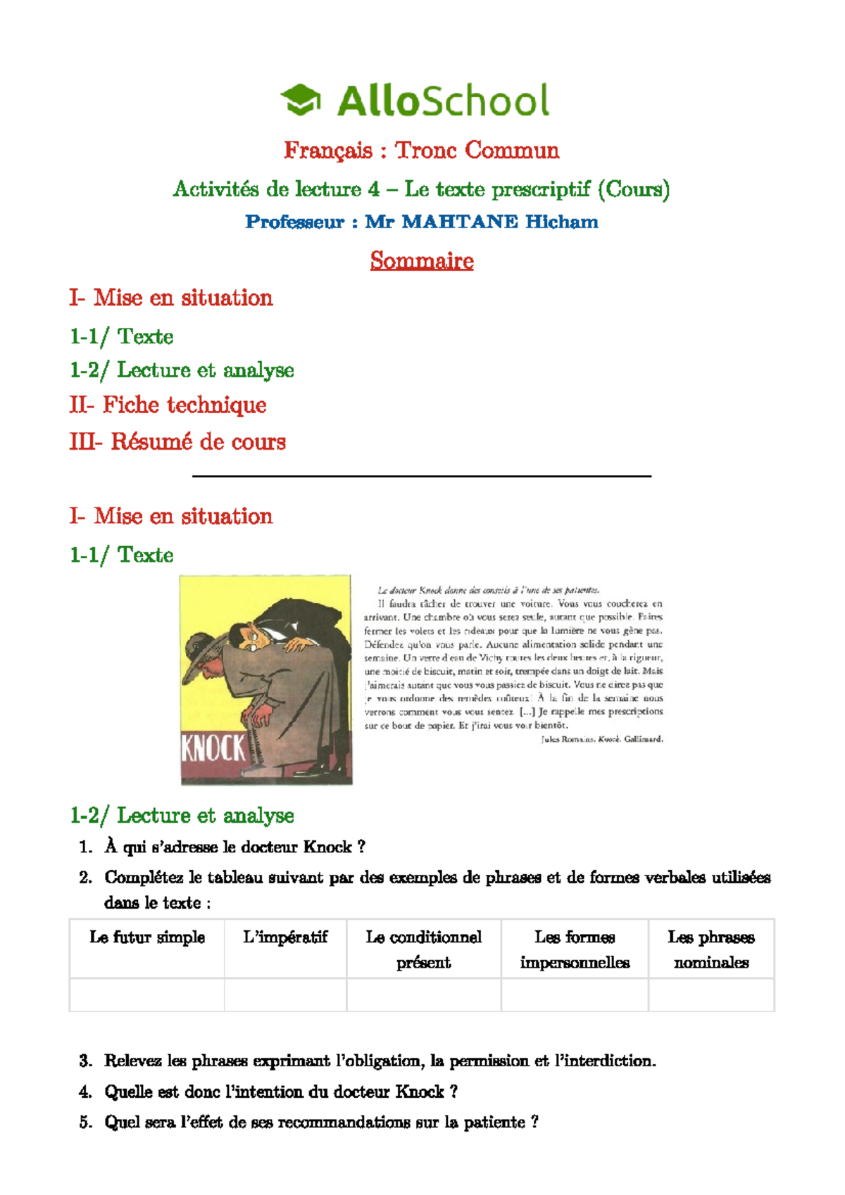 Examane de algebre - AlloSchool Français : Tronc Commun Activités de ...