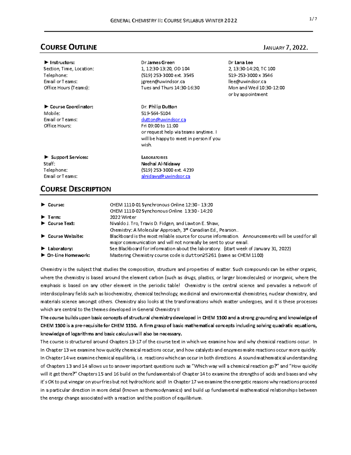 CHEM 1110 W22 Outline 2022 01 07 - GENERAL CHEMISTRY II: COURSE SYLLABUS WINTER 2022 - Studocu