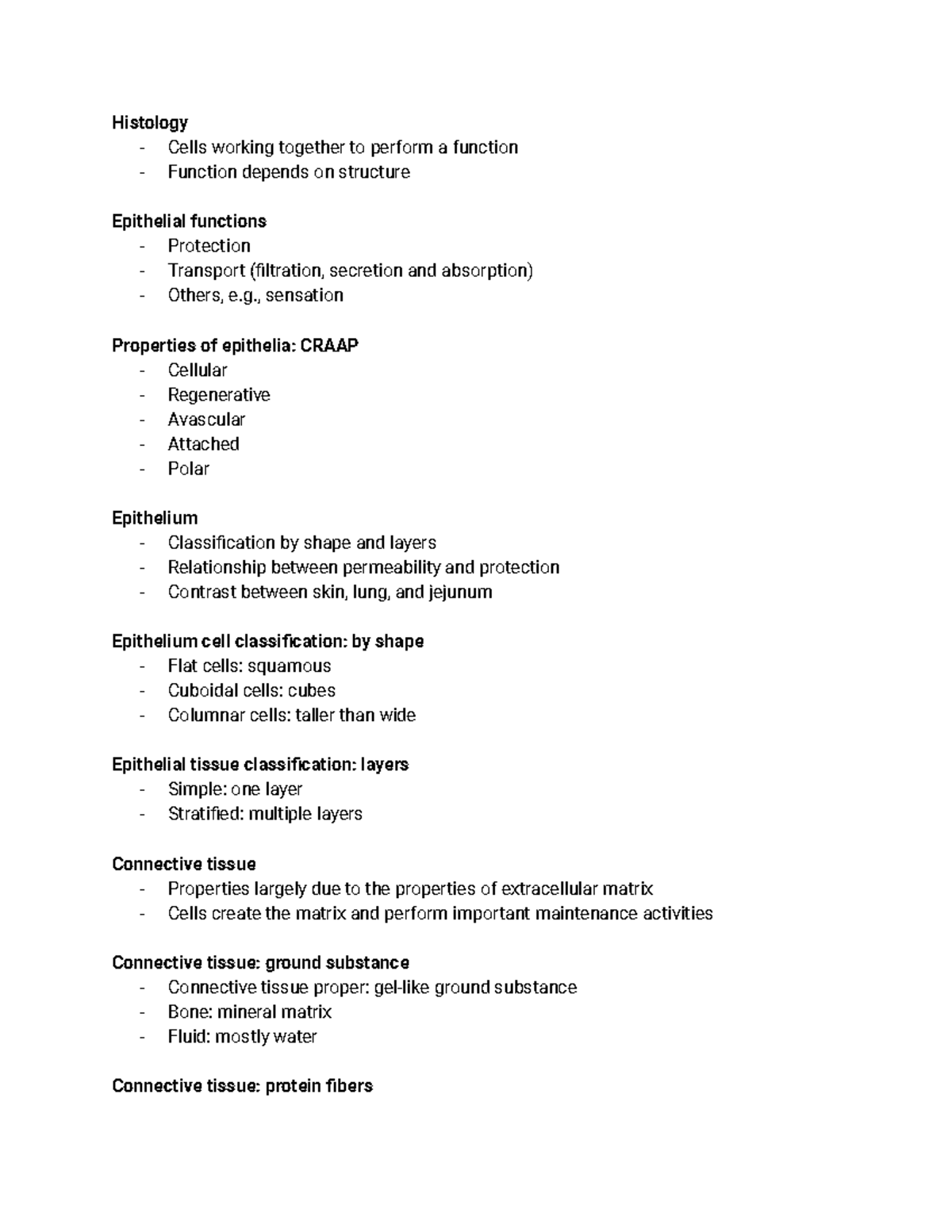 Histology lecture notes - Histology - Cells working together to perform ...