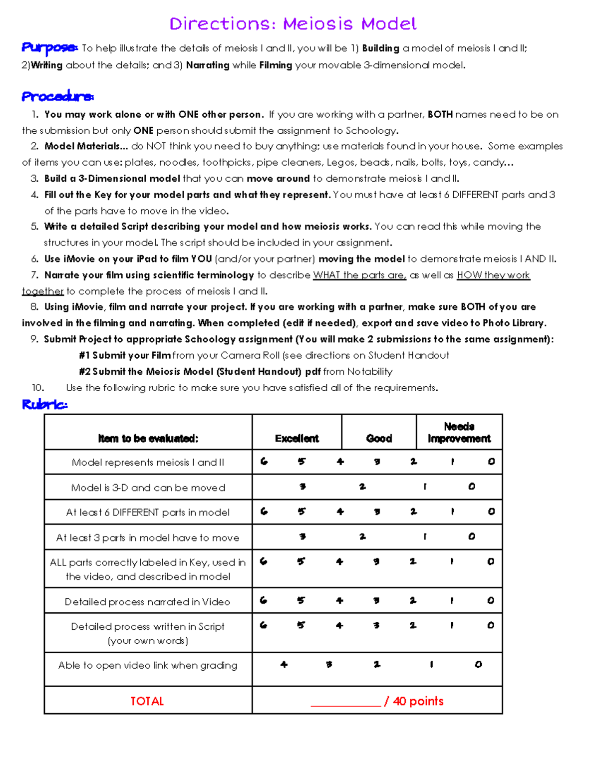 Meiosis Model Directions - Directions: Meiosis Model Purpose: To help ...