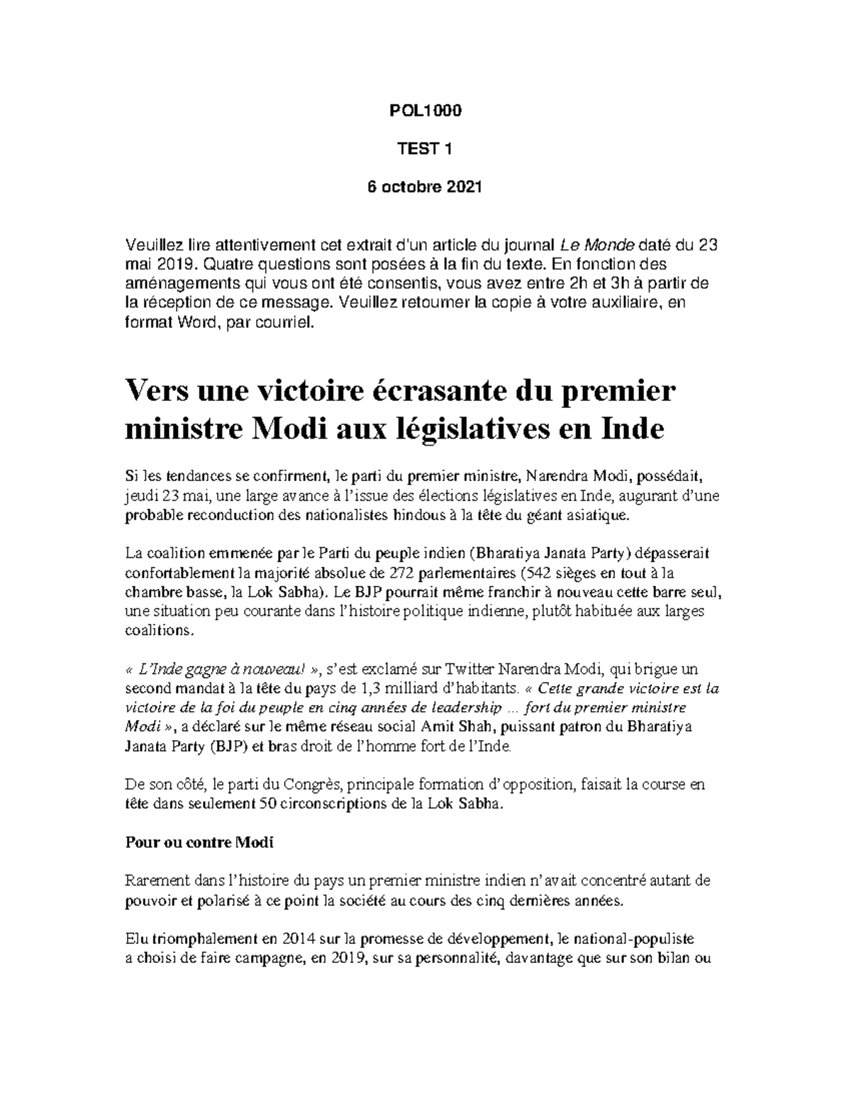 POL1000 Test 1 A2021[38] - POL TEST 1 6 octobre 2021 Veuillez lire ...