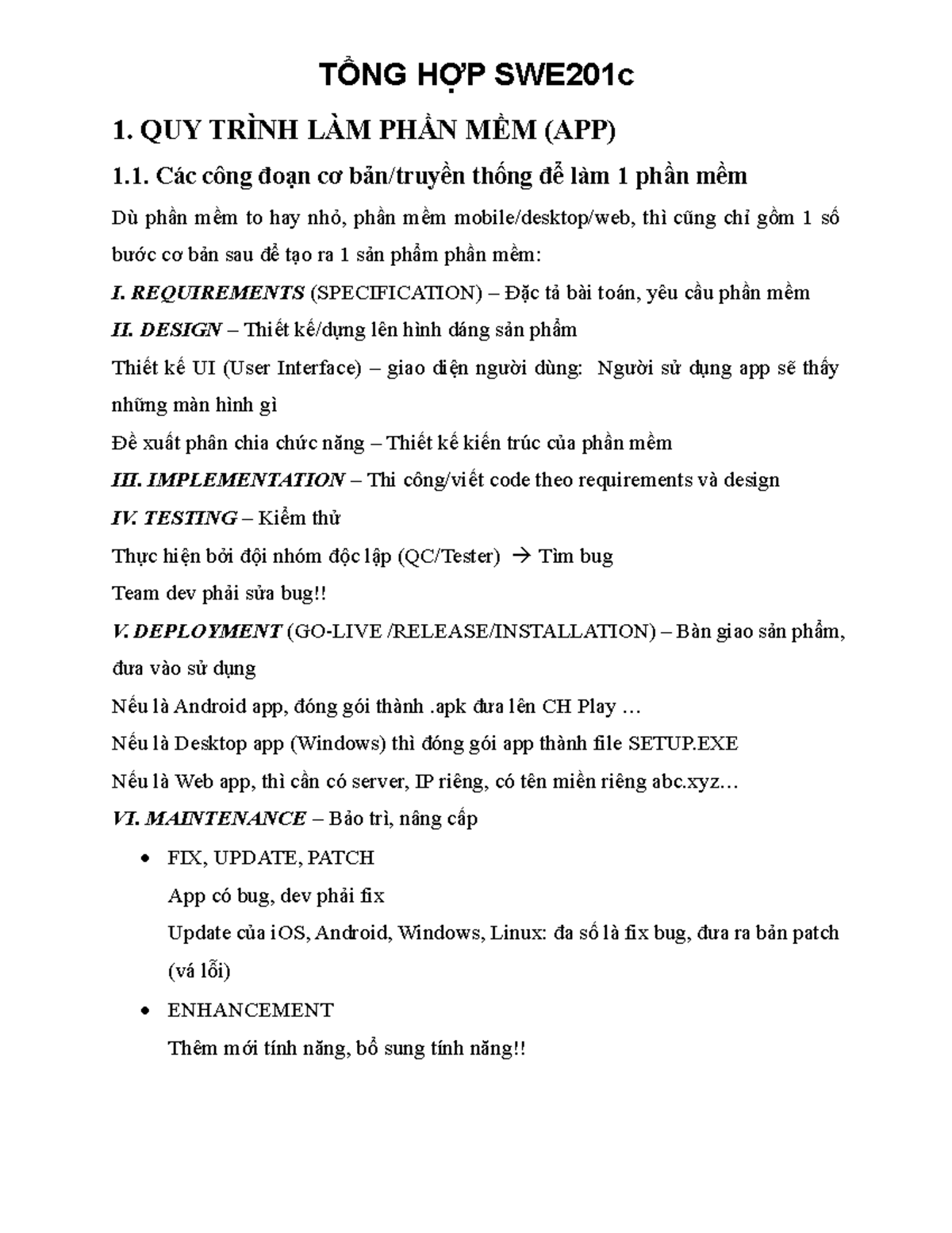 Tổng-hợp-SWE201c - vvvv - 1. QUY TRÌNH LÀM PHẦN MỀM (APP) 1. Các công ...