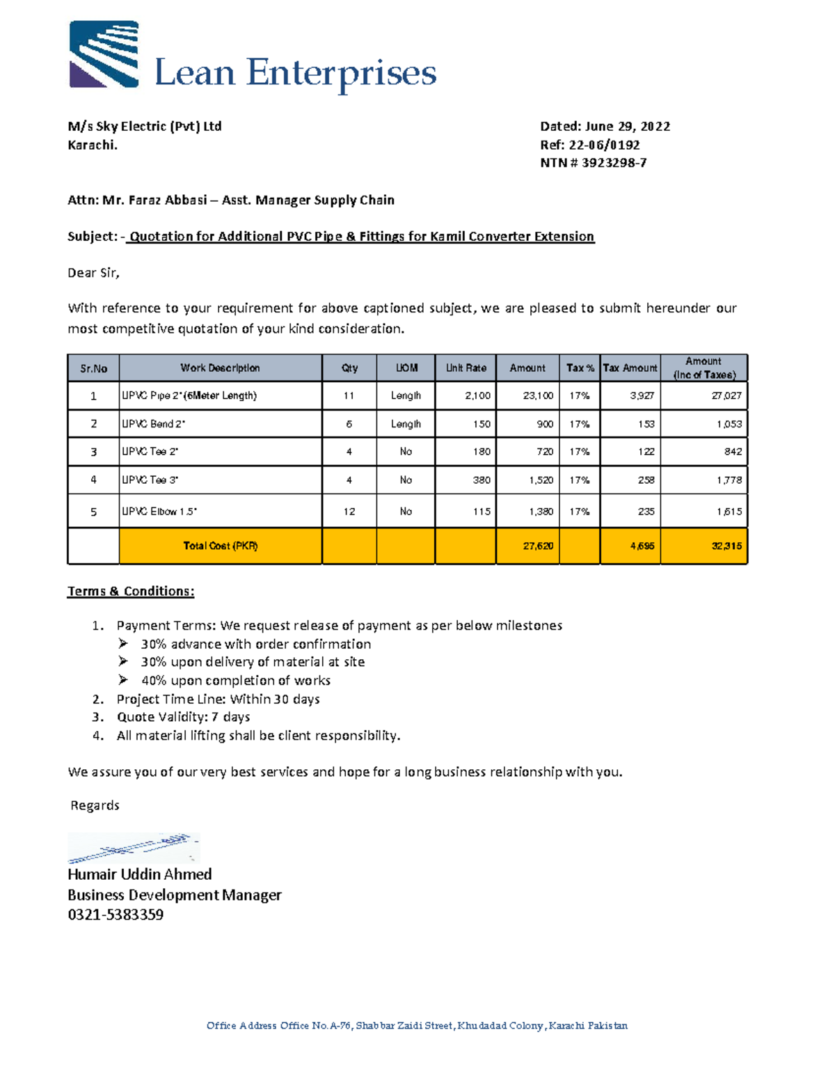 Quotation for Additional PVC Pipe and Fittings for Kamil Converter Ext ...