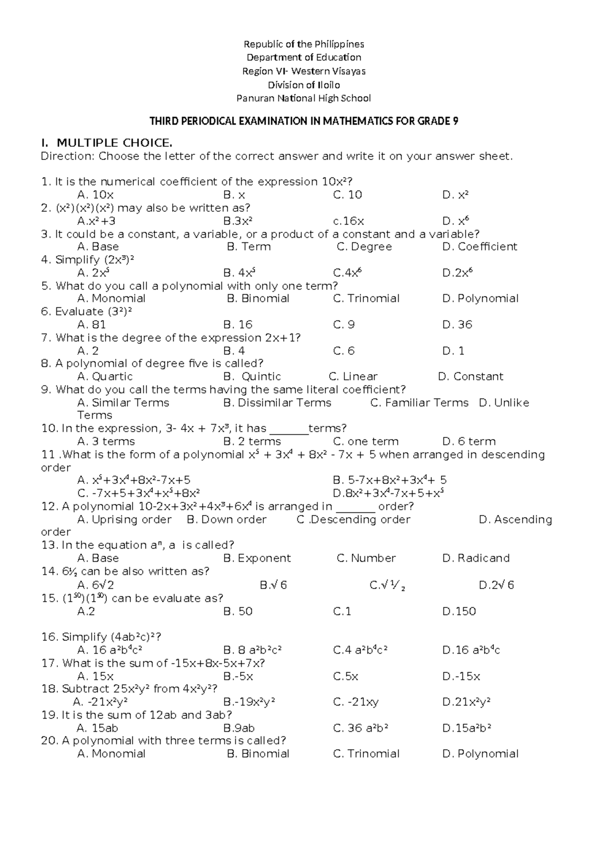 2nd periodic examination - Department of Education Region VI- Western ...