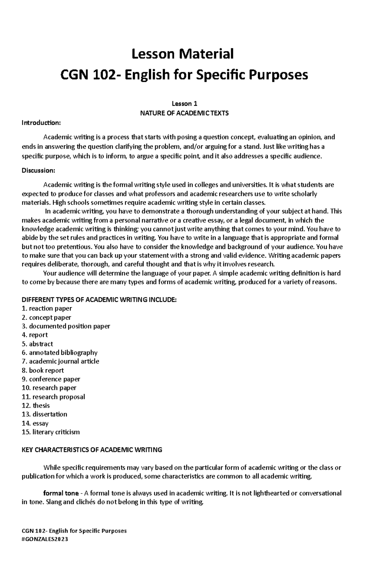 CGN 102 Lesson Material - Lesson Material CGN 102- English for Specific Purposes Lesson 1 NATURE ...